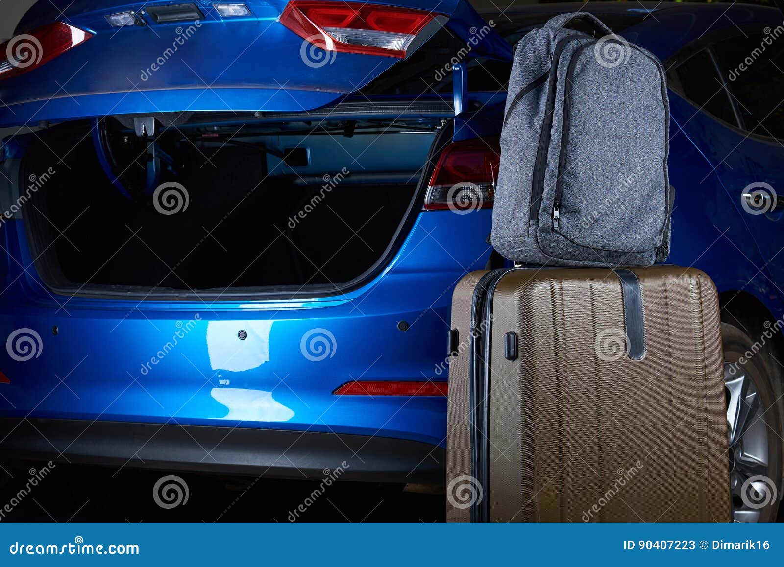 Suitcase and Backpack Next To Open Car Trunk Stock Image - Image of ...