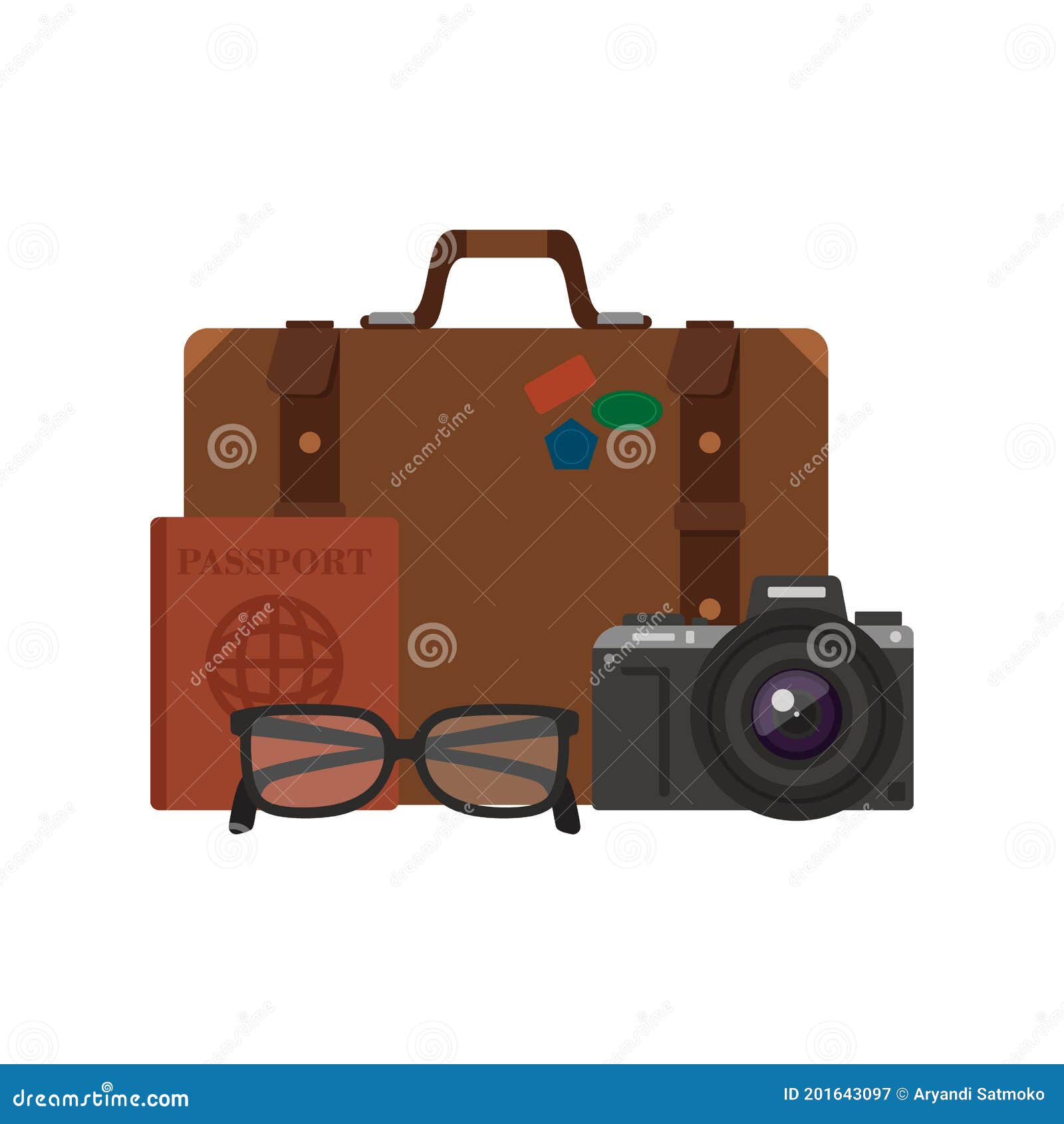 Suitcase Camera Passport And Sunglasses For Travel Flat Vector