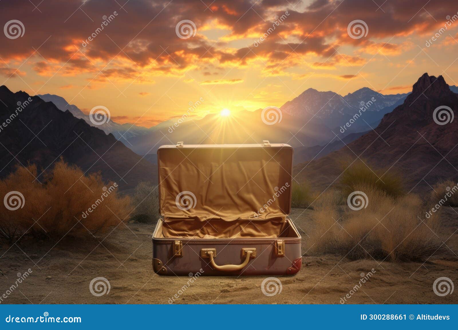 Suitcase Caught in a Beam of Sunrise or Sunset Light with Mountains ...