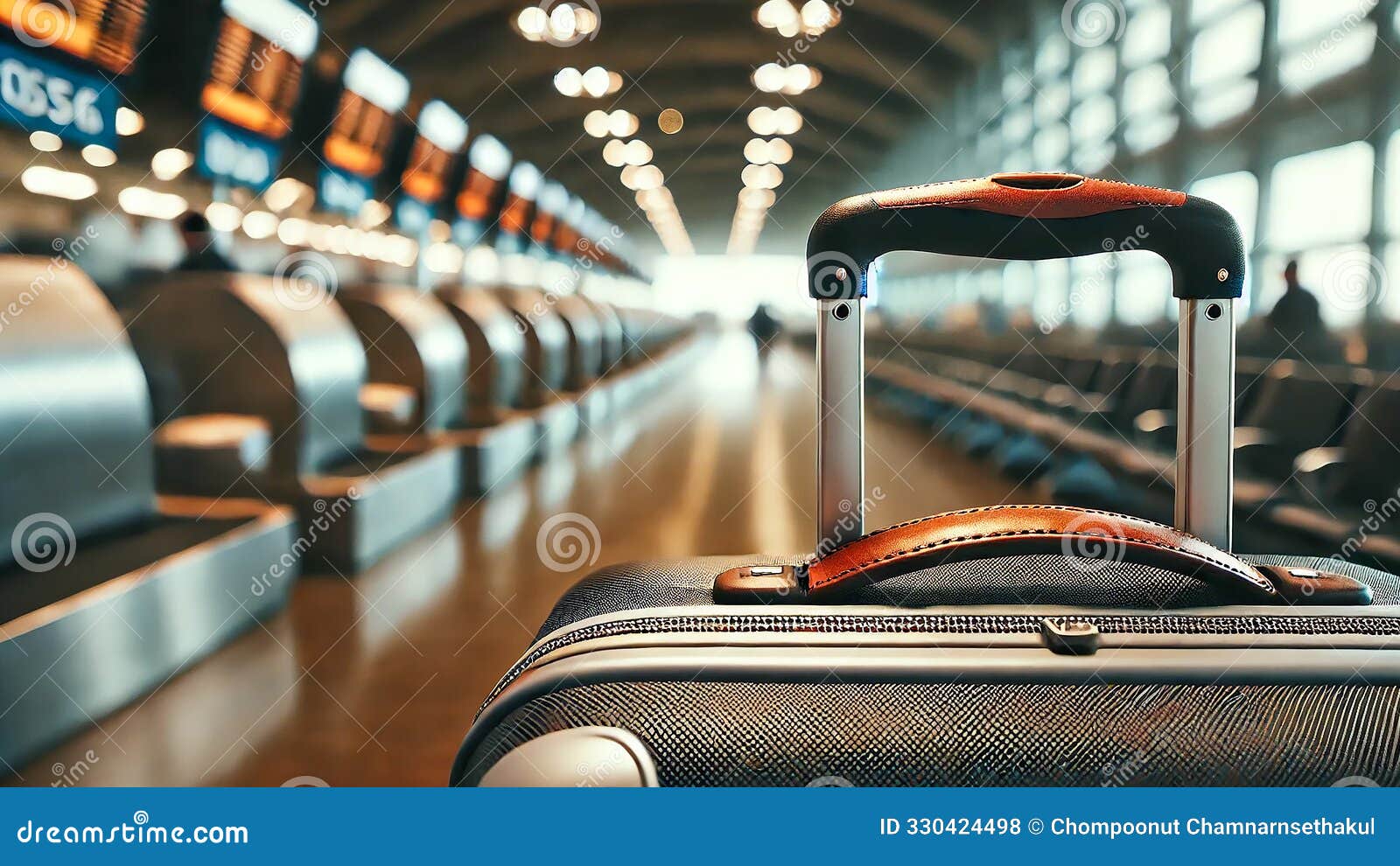 Suitcase Handle with the Blurred Check-in Counters of an Airport in the ...