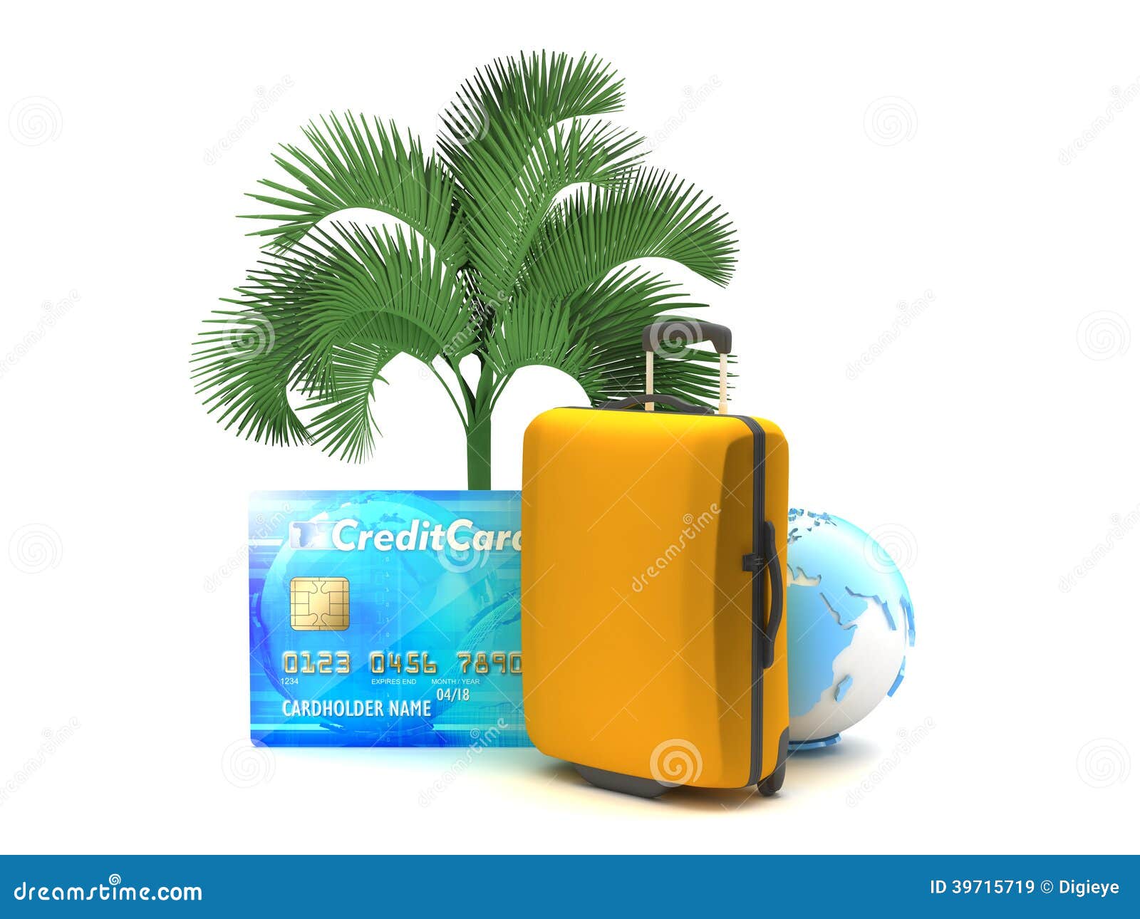Suitcase, Palm Tree, Credit Card and Earth Globe Stock Illustration ...