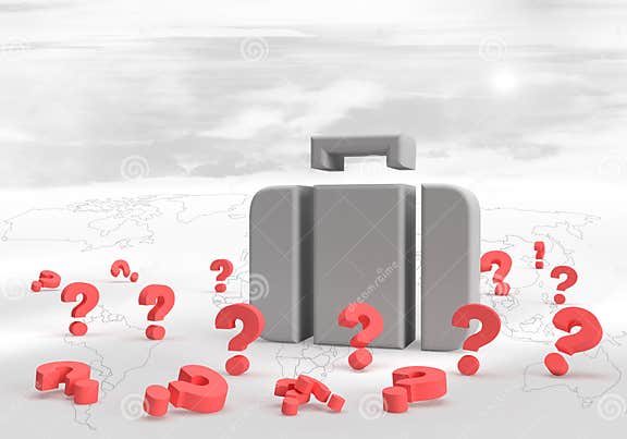 Suitcase and Question Marks on a Background with World Map Stock ...