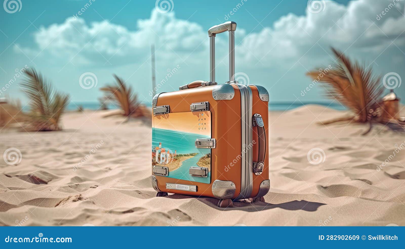 Suitcase in the Sand of the Beach. Vacation Scene with Travel Case on ...
