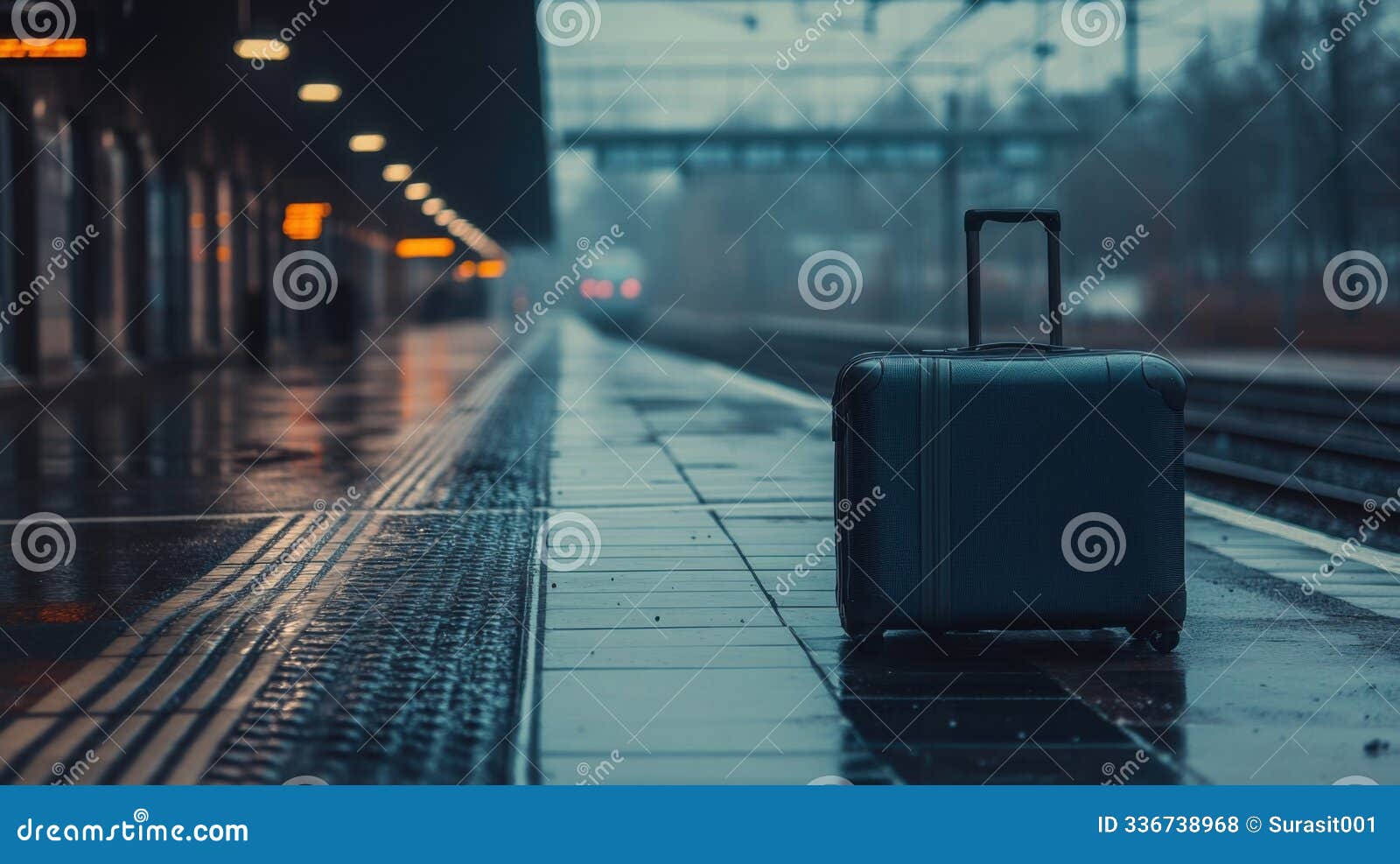 A Suitcase is Sitting on a Wet Train Platform Stock Illustration ...