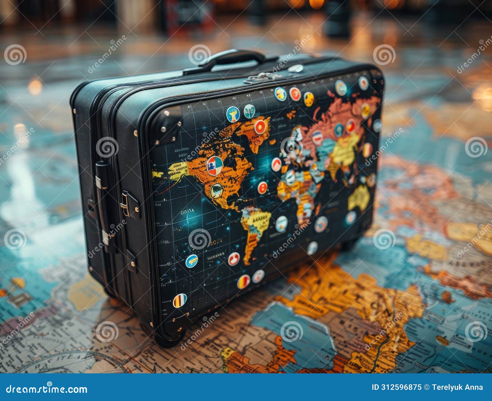 Suitcase with Stickers on the World Map Stock Image - Image of ...