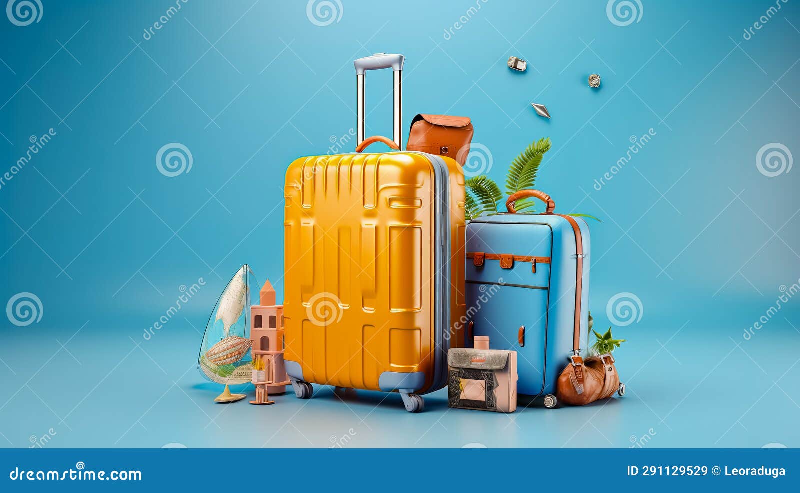 Suitcase with Travel Accessories on Blue Background. Generative Ai ...
