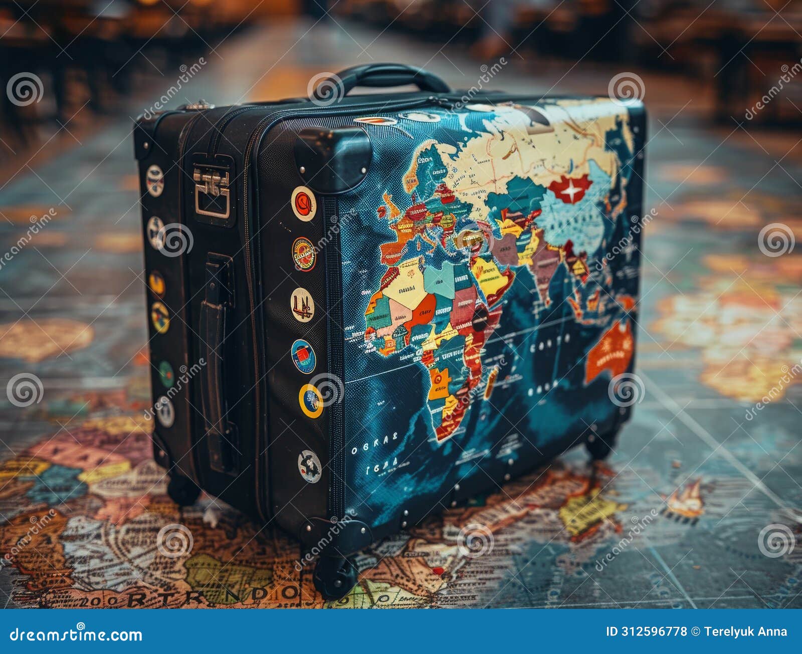 Suitcase with World Map on the Floor Stock Photo - Image of retro ...