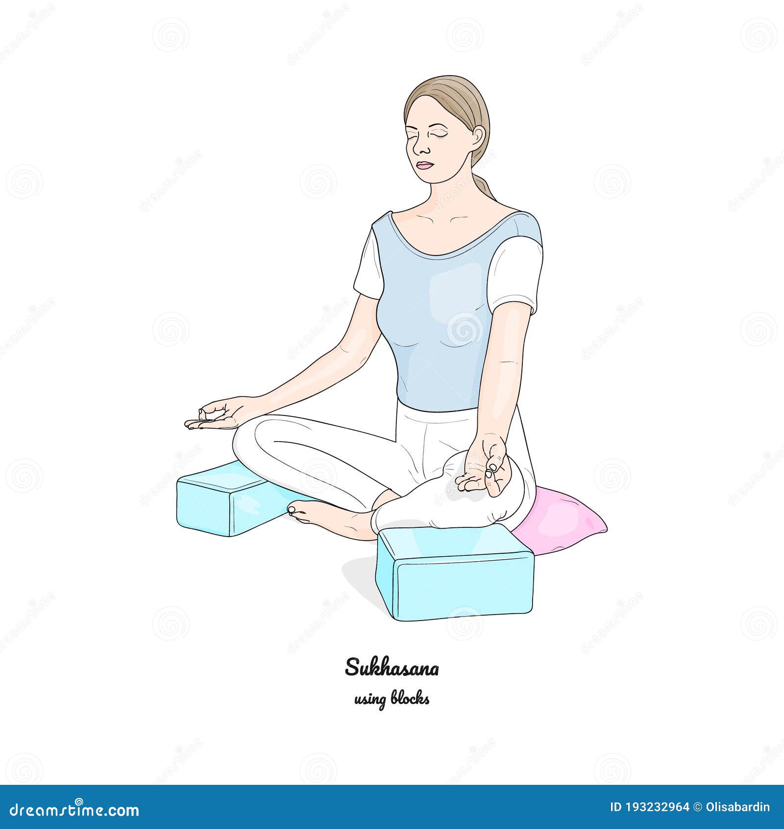 Sukhasana or Easy Pose with Blocks and a Pillow. Yoga Practice. Vector ...