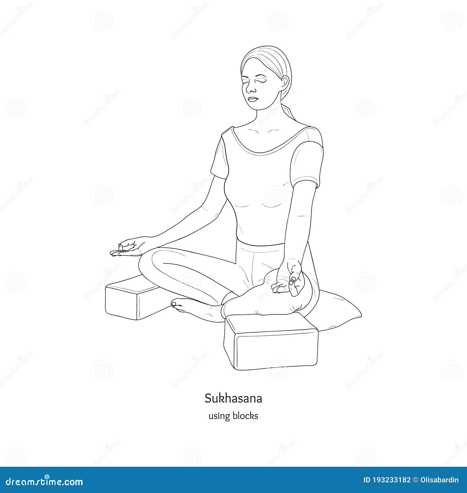 Sukhasana or Easy Pose with Blocks and a Pillow. Yoga Practice. Vector ...