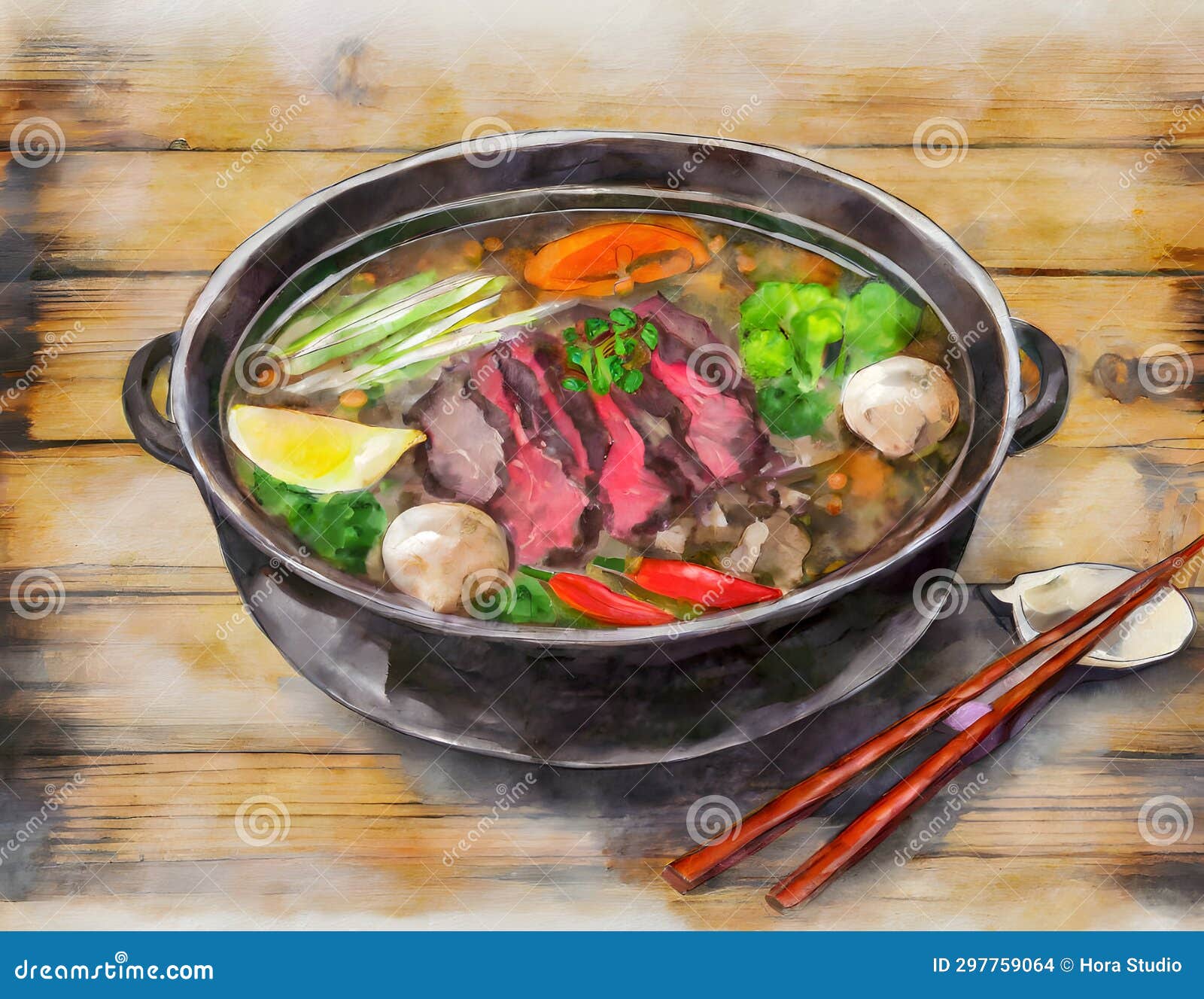 Sukiyaki on the table. stock illustration. Illustration of yummy ...