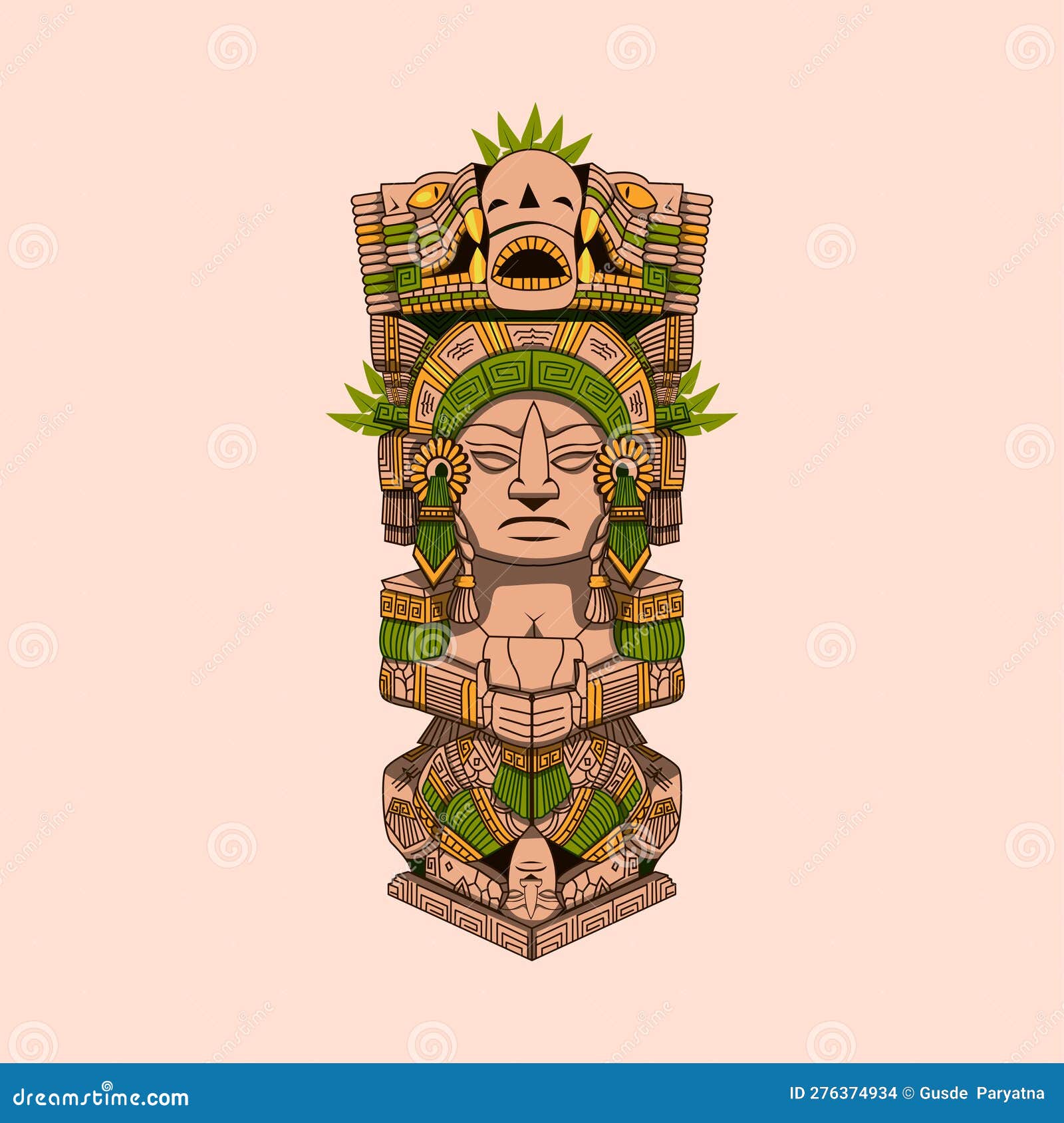 Ancient Mayan Sculpture Vector. Aztec Ornament. Pink, Green and Yellow ...