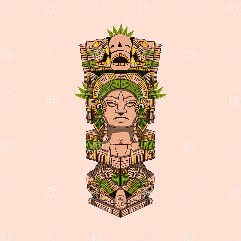 Ancient Mayan Sculpture Vector. Aztec Ornament. Pink, Green and Yellow ...