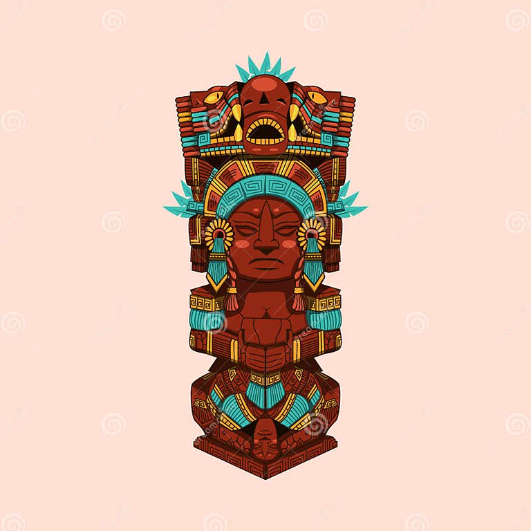 Ancient Mayan Sculpture Vector. Aztec Ornament. Dark Red, Skyblue and ...