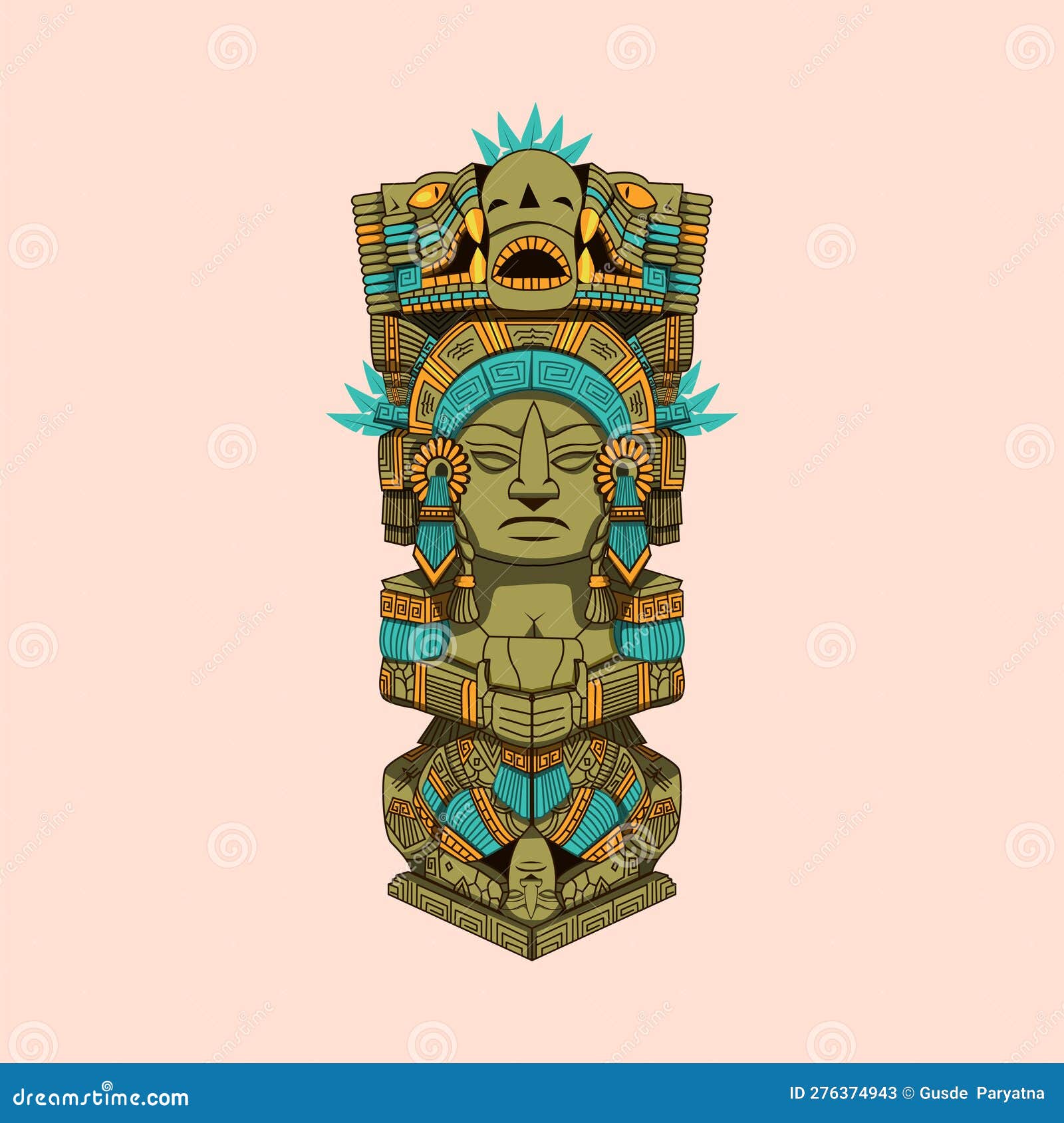 Ancient Mayan Sculpture Vector. Aztec Ornamen. Green, Skyblue and ...