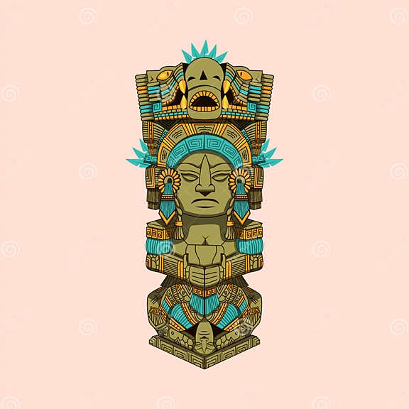 Ancient Mayan Sculpture Vector. Aztec Ornamen. Green, Skyblue and ...