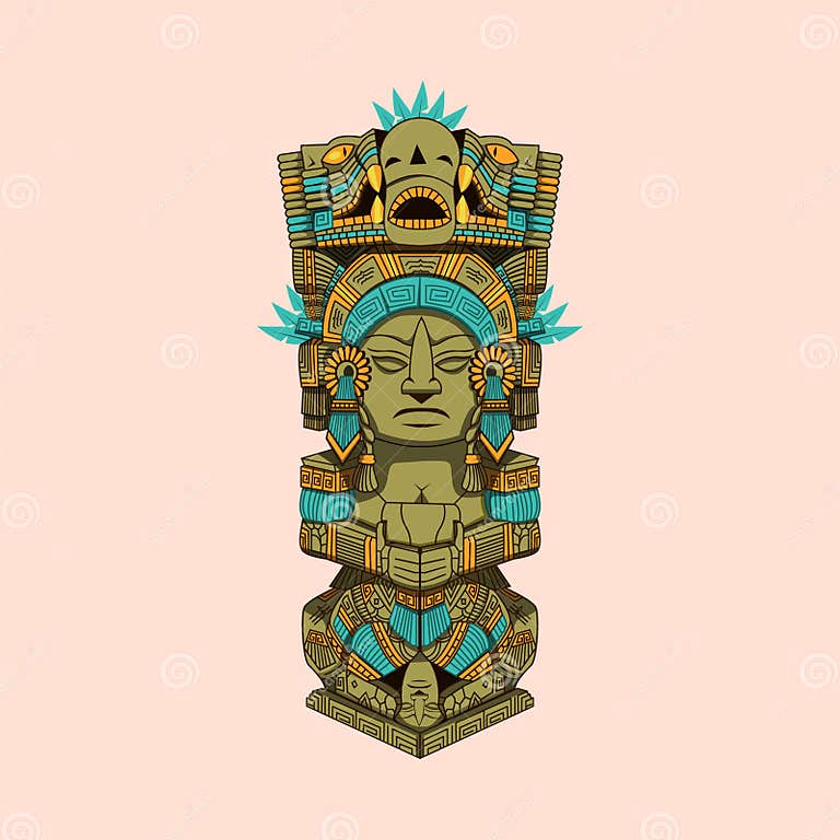 Ancient Mayan Sculpture Vector. Aztec Ornamen. Green, Skyblue and ...