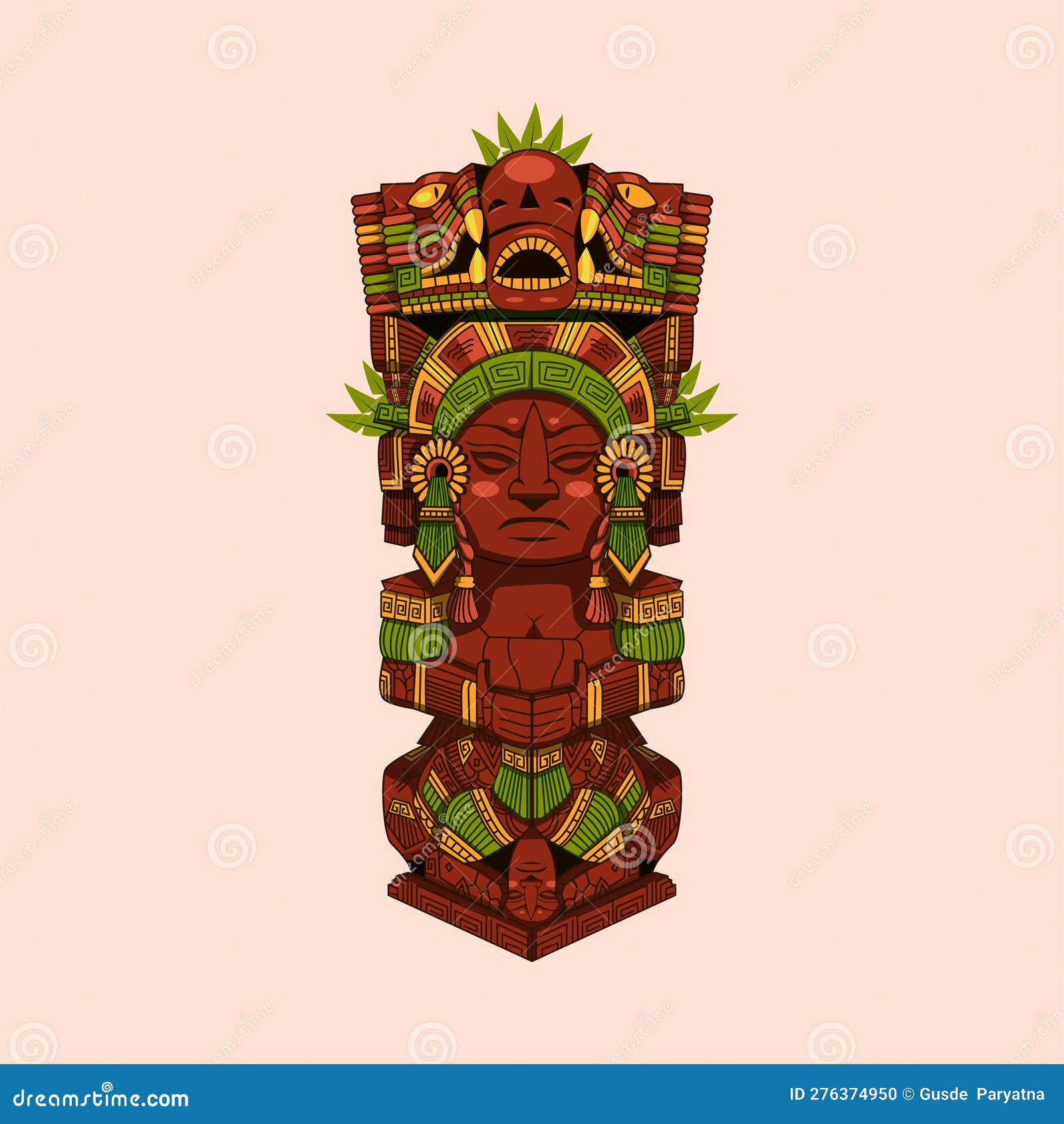 Ancient Mayan Sculpture Vector. Aztec Ornament. Dark Red, Green and ...