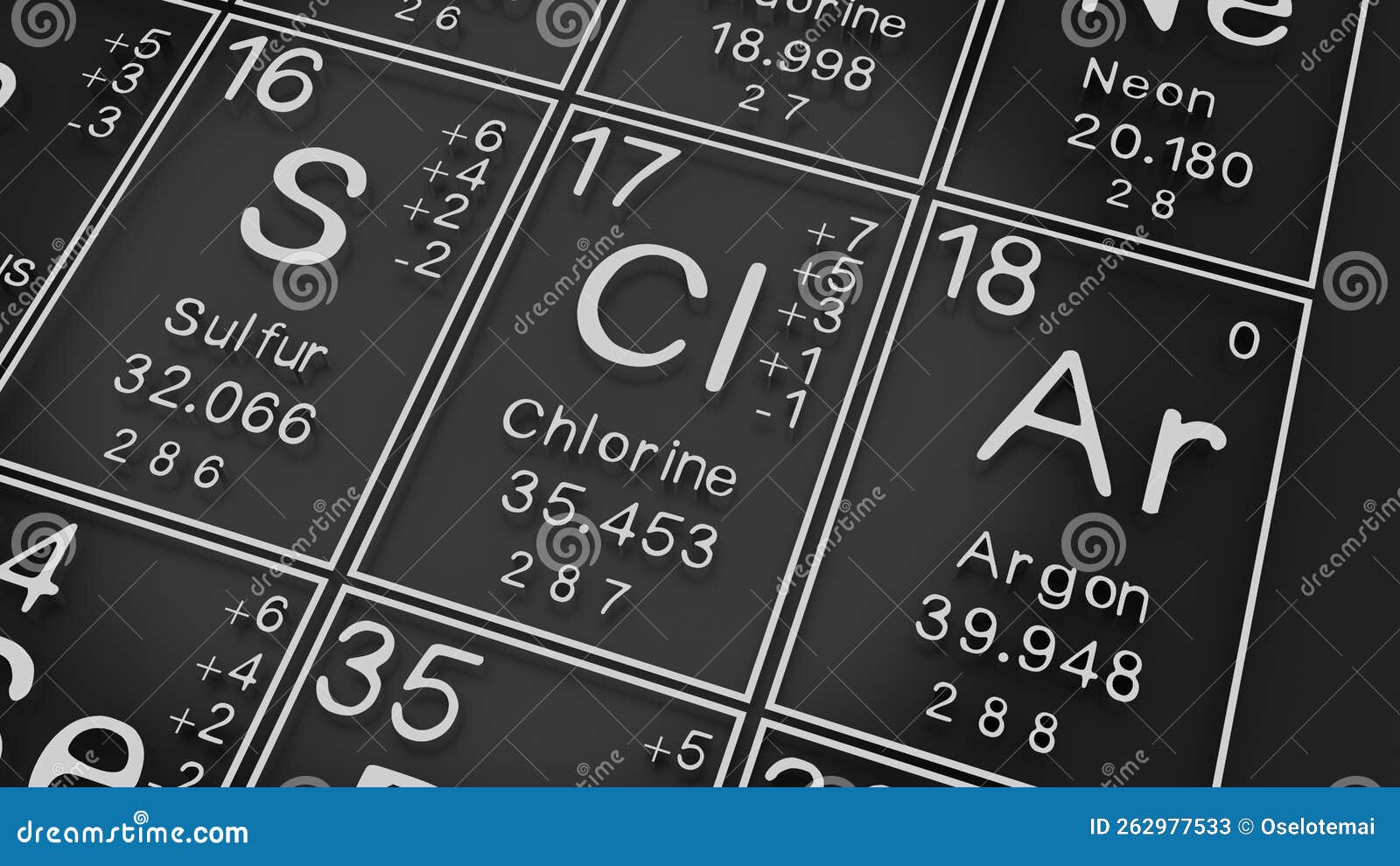 Sulfur, Chlorine, Argon on the Periodic Table of the Elements on Black ...