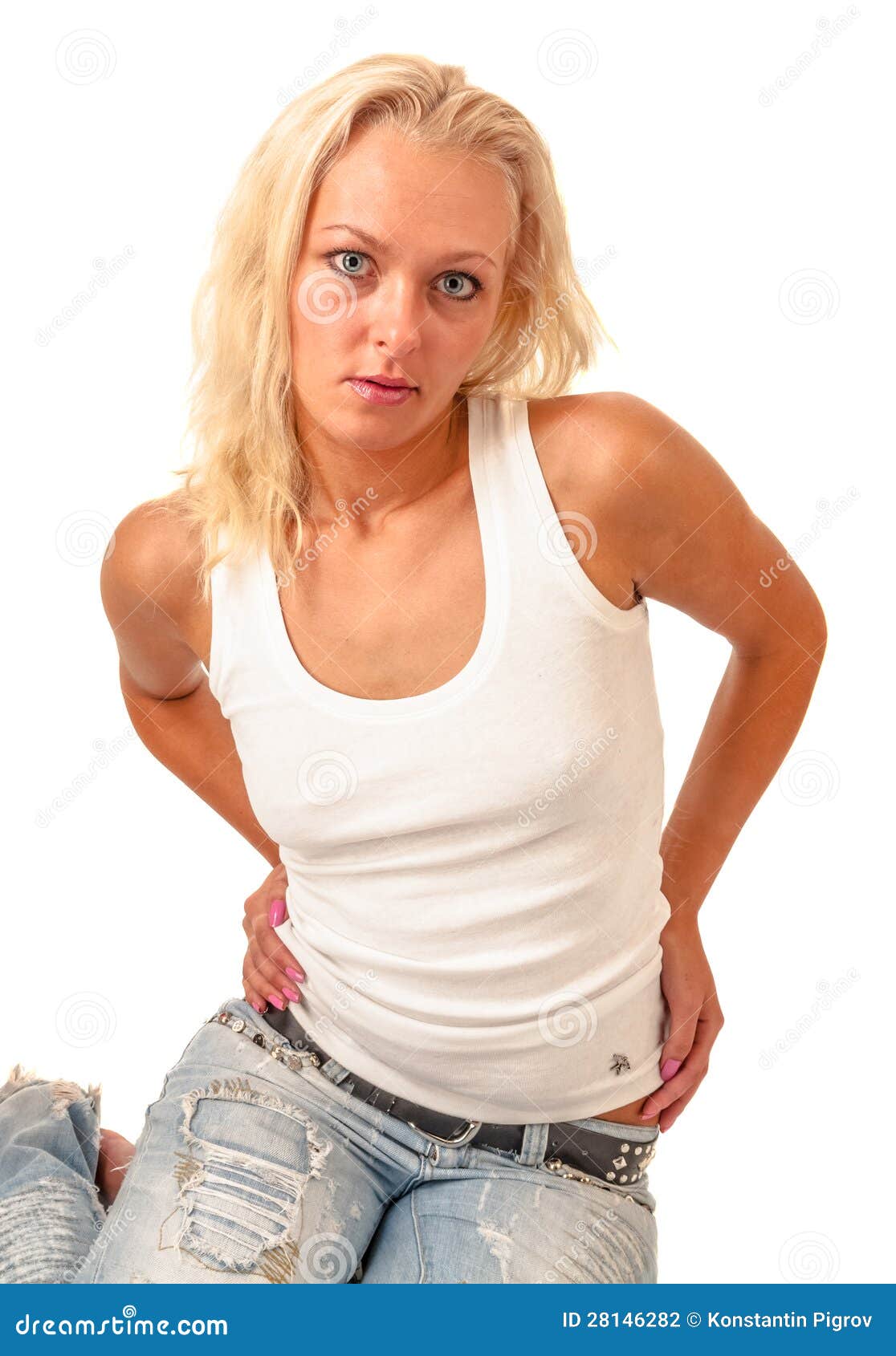 Sullen Girl Dressed in a White Tank Top Stock Photo - Image of belt ...