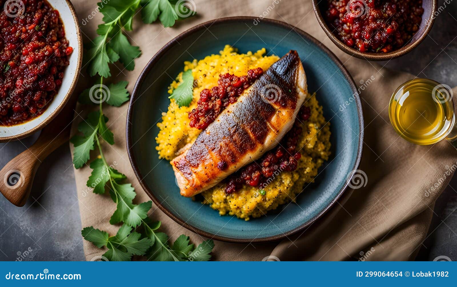 Sumac Baked Fish with Saffron Quinoa Stock Illustration - Illustration ...