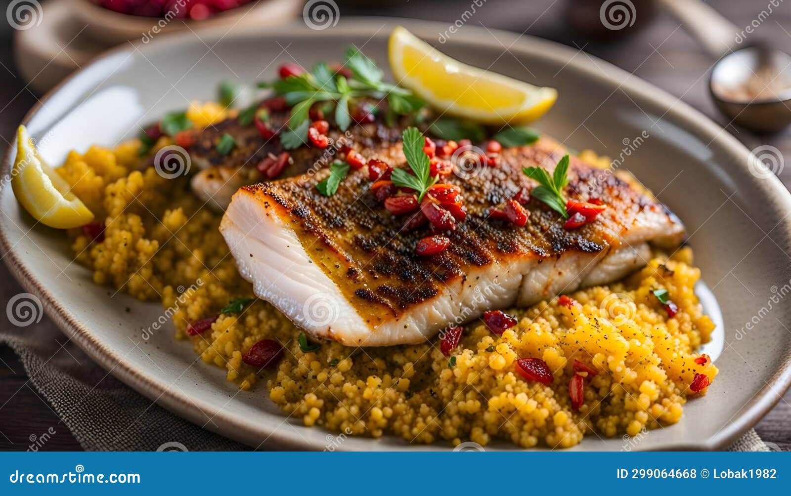 Sumac Baked Fish with Saffron Quinoa Stock Illustration - Illustration ...