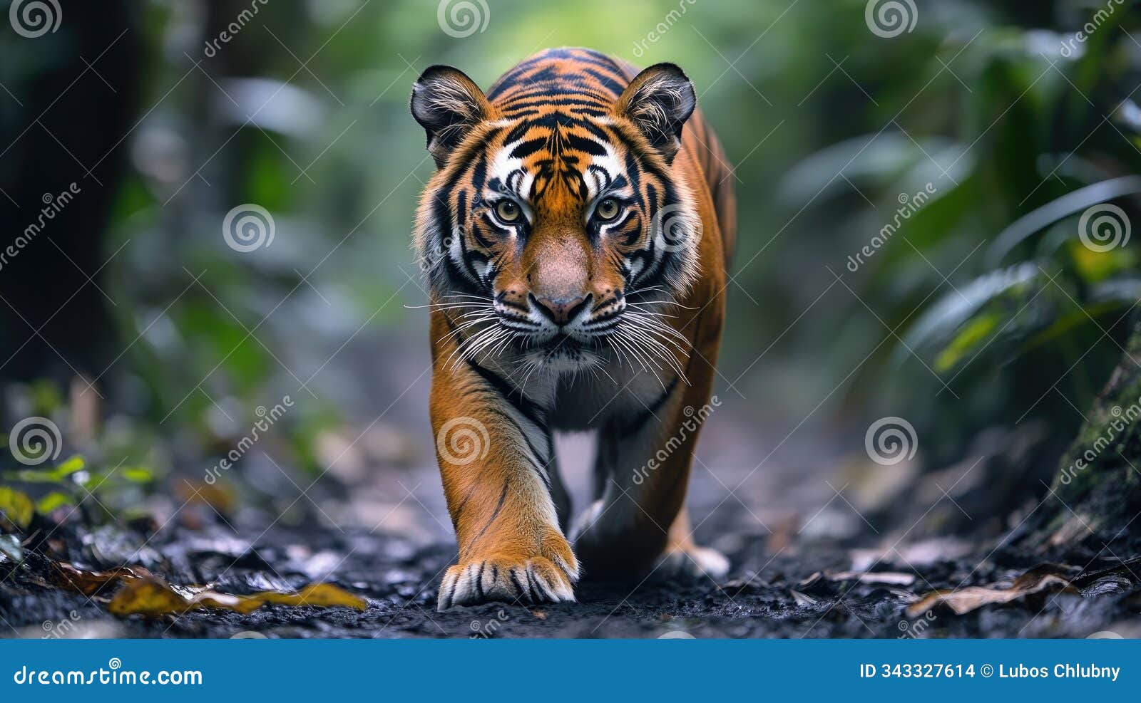 Sumatran Tiger Walking on Jungle Path: Intense Stare Stock Illustration ...