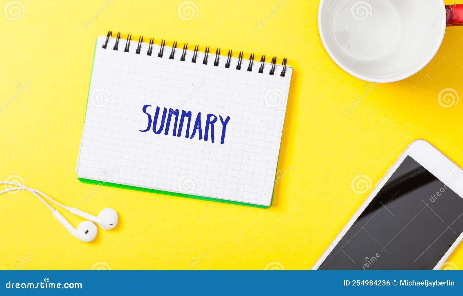 Summary Headline in Notebook on Bright Flat Lay Background Stock Photo ...