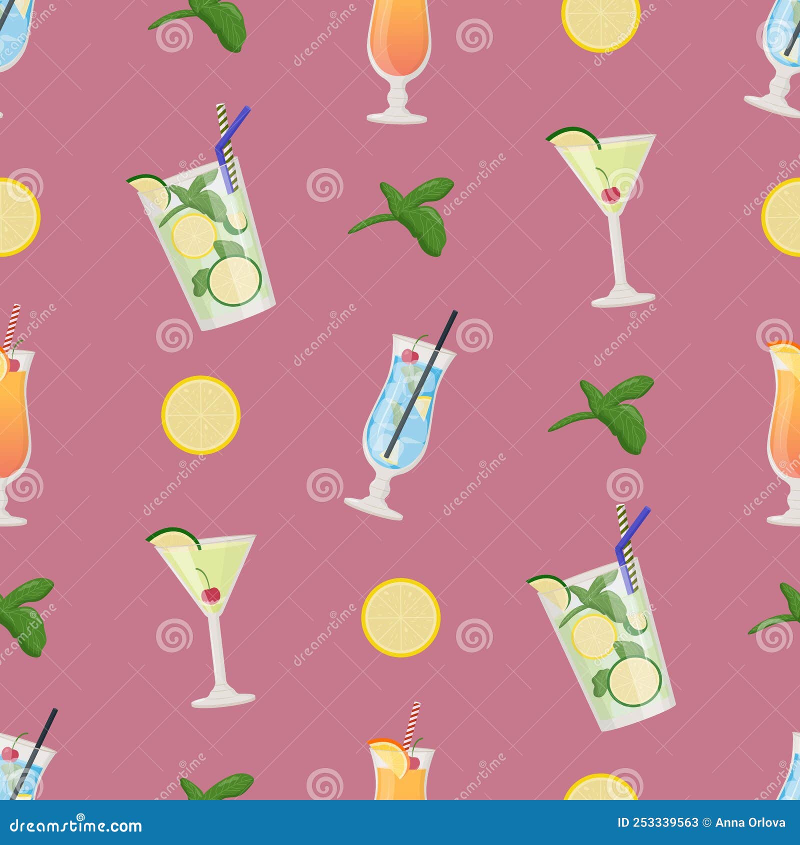Summer Alcoholic Drinks Seamless Pattern, Tropical Cocktails. Flat ...