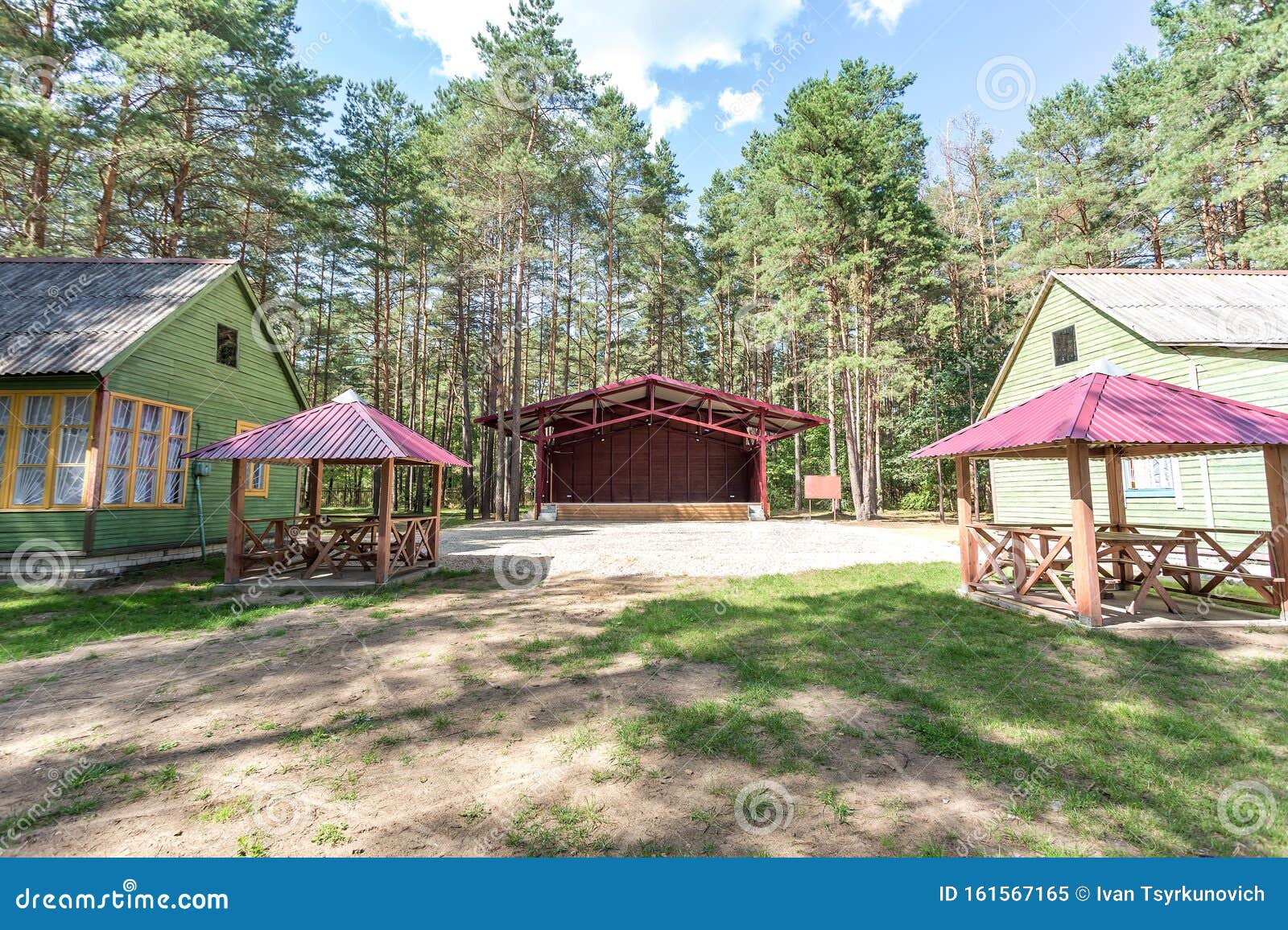 Summer Amphitheater In The Pinery Forest With Colored Benches Royalty ...