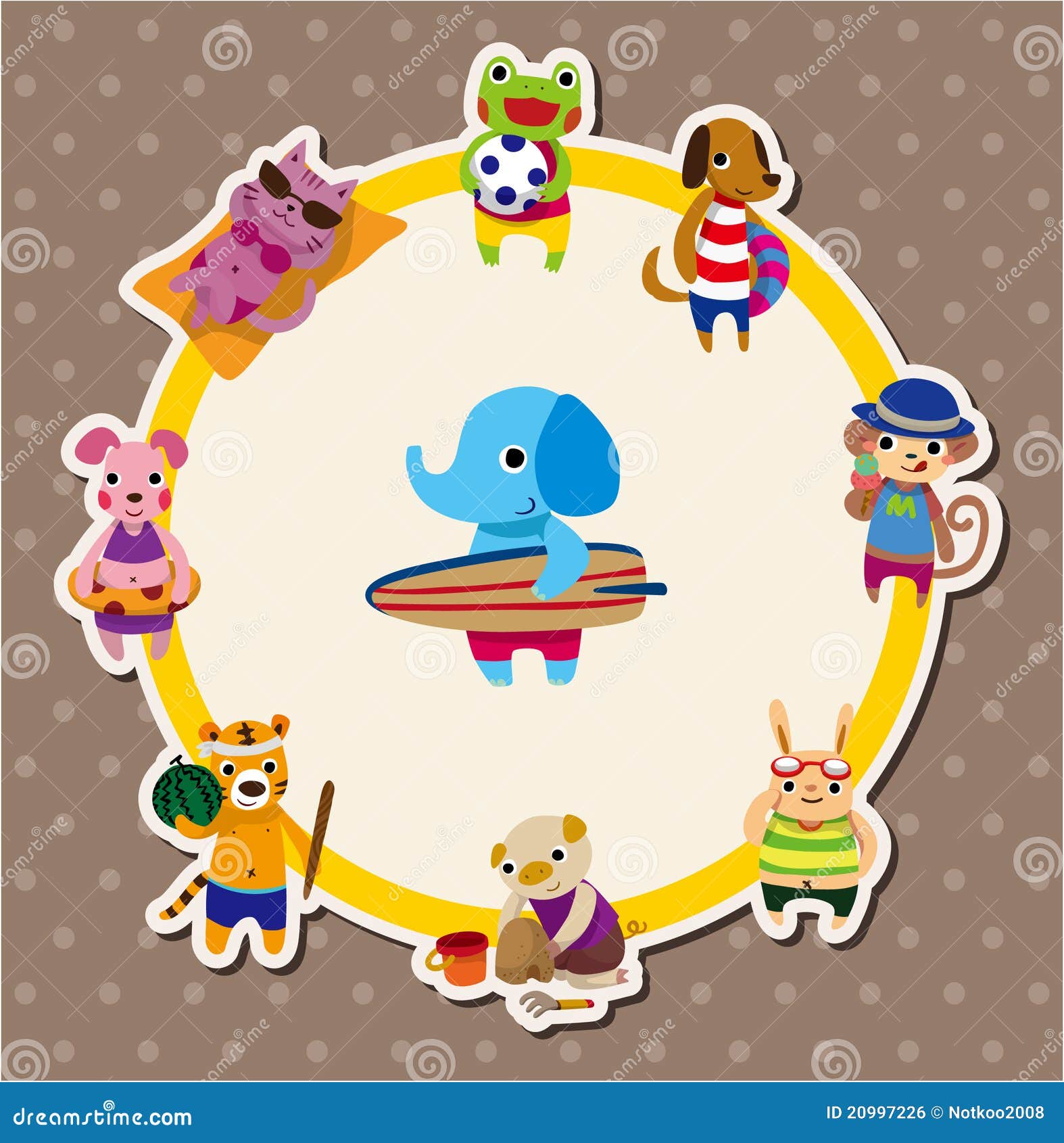 Summer Animal Vector Illustration Set, Cartoon Hand Drawn Animalistic ...