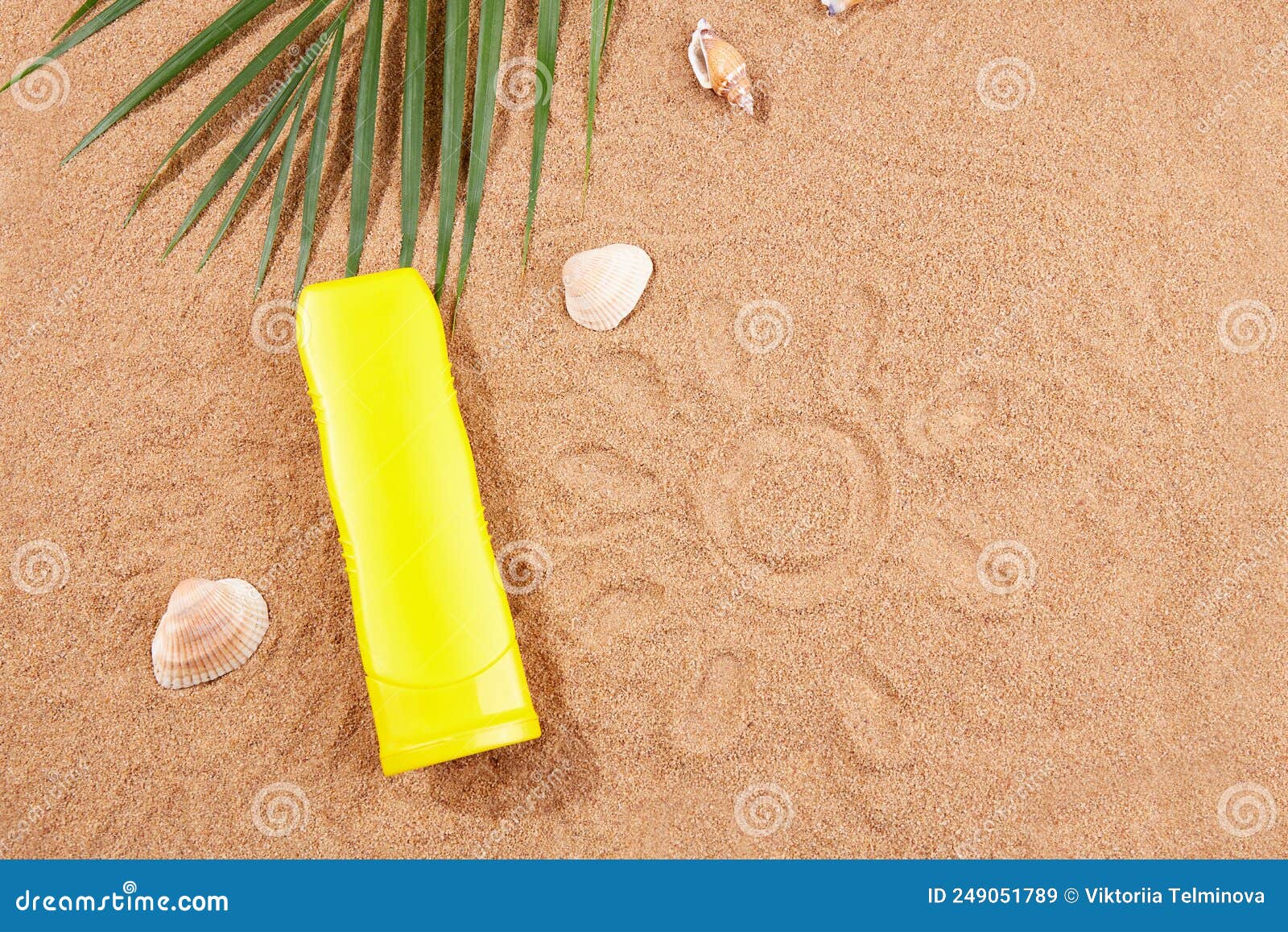 Summer Background. Sunscreen, Shells and Palm Leaves on the Sand on the ...