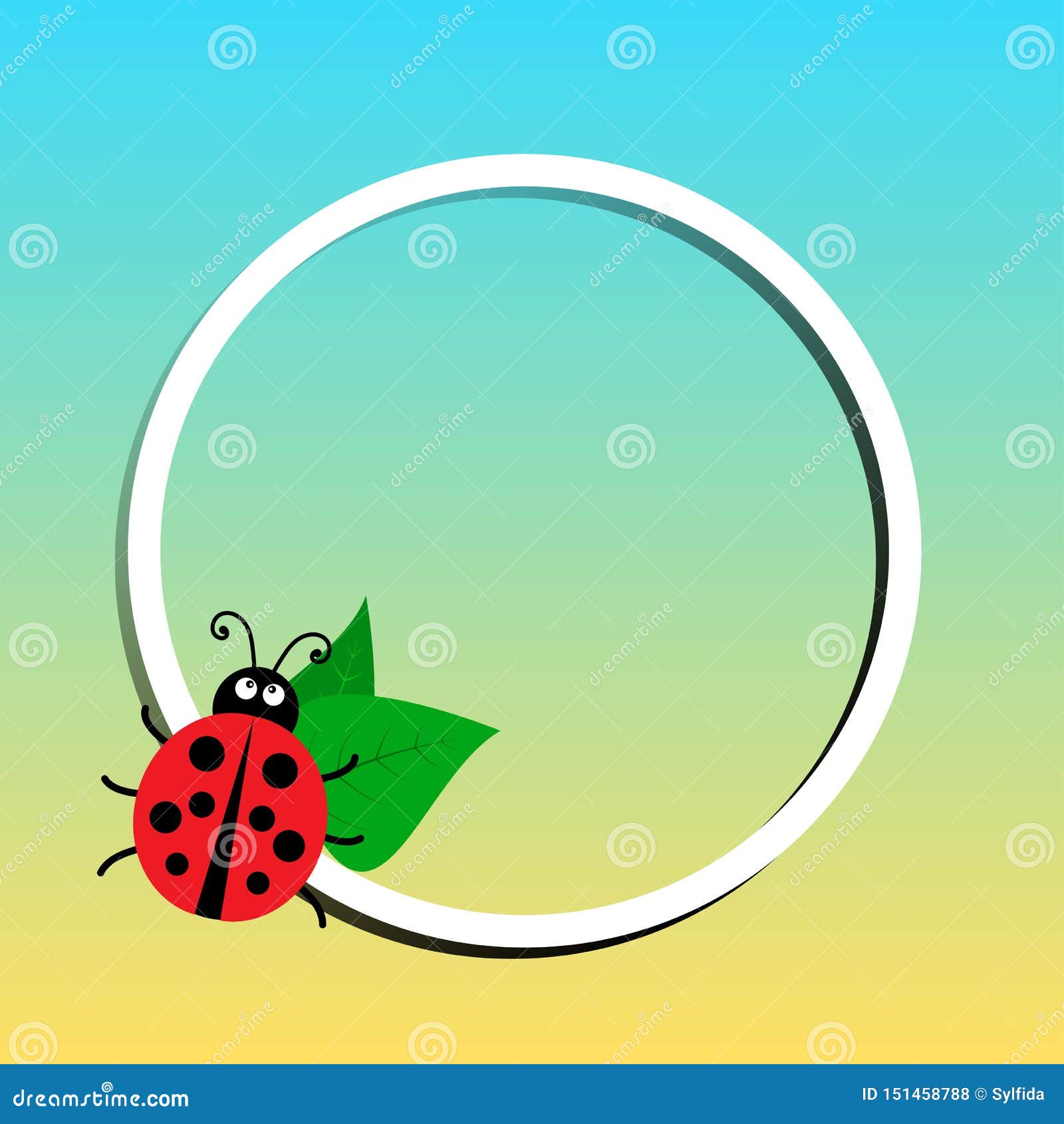Summer Banner, Round White Frame with Ladybug and Leaves on Colored ...