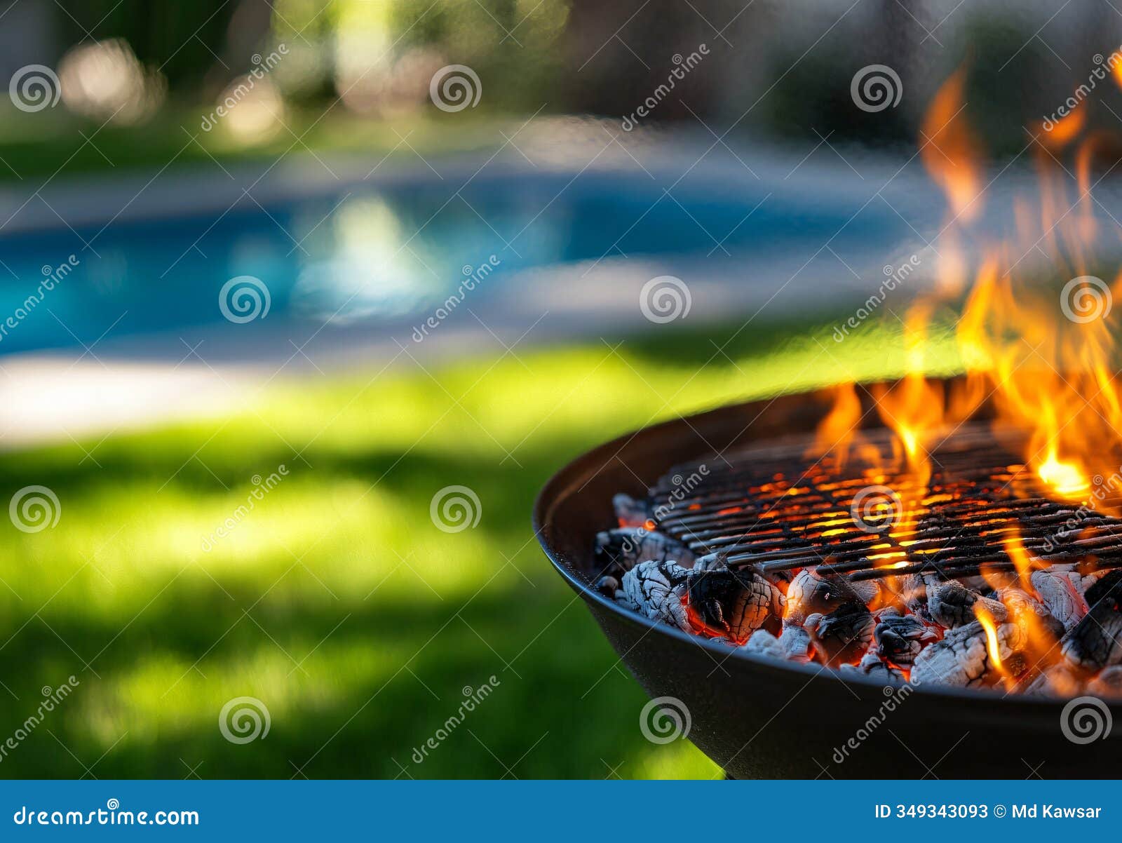 Summer BBQ Grill Fire Backyard Poolside Scene High Quality Image Stock ...