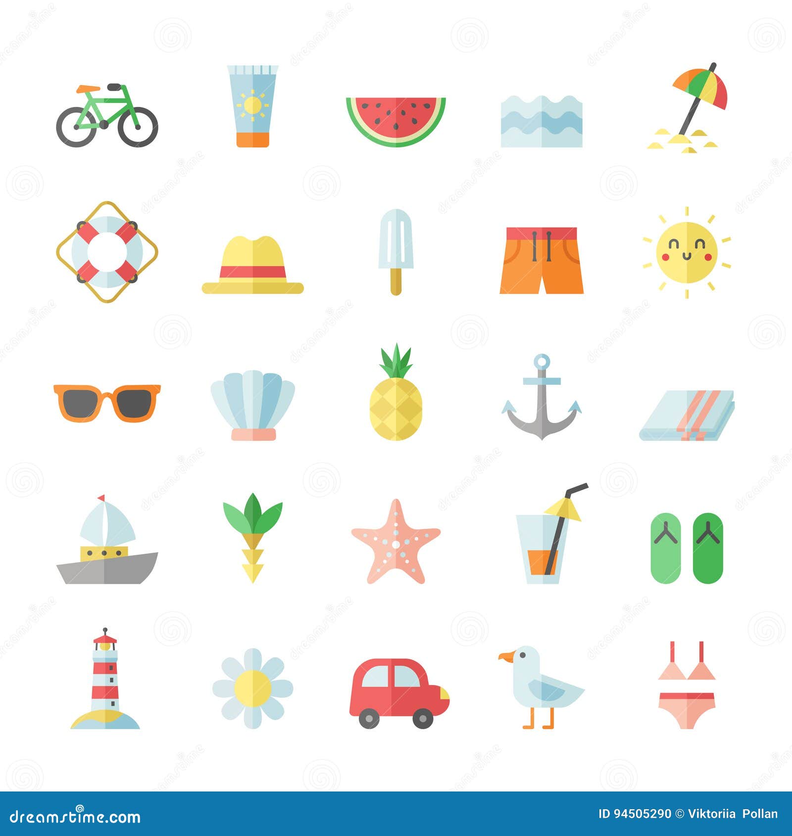 Summer and Beach Flat Icon Vector Set. Stock Vector - Illustration of ...