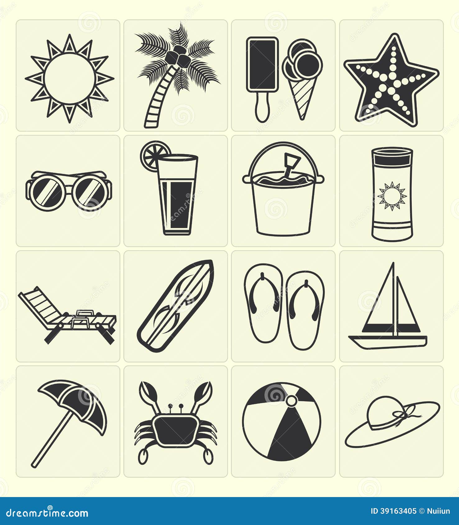 Summer beach icons set stock vector. Illustration of coconut - 39163405