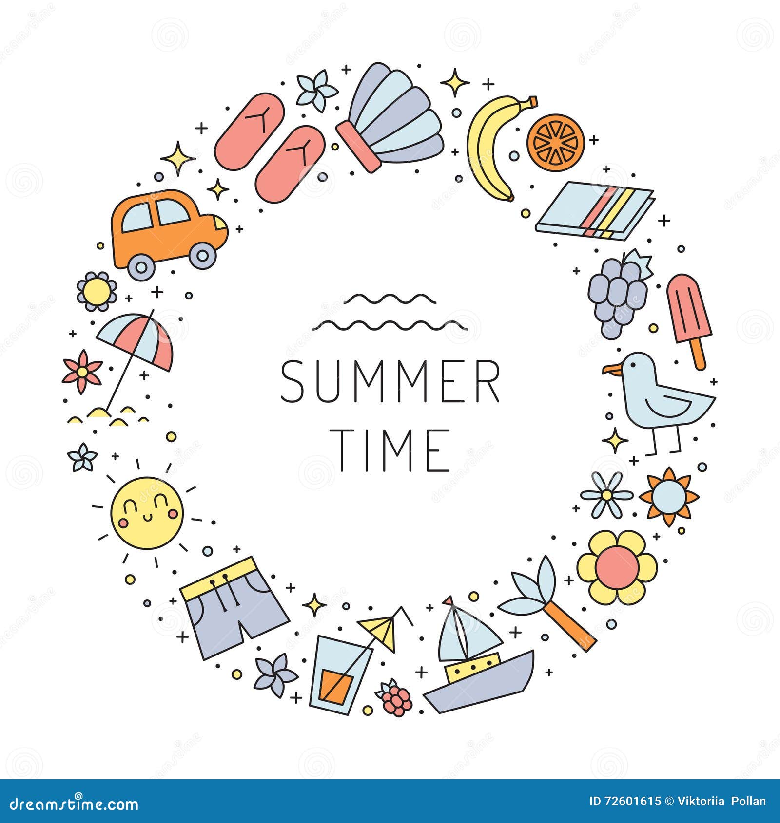 Summer Beach Multicolored Circle Frame. Clean and Simple Outline Design ...