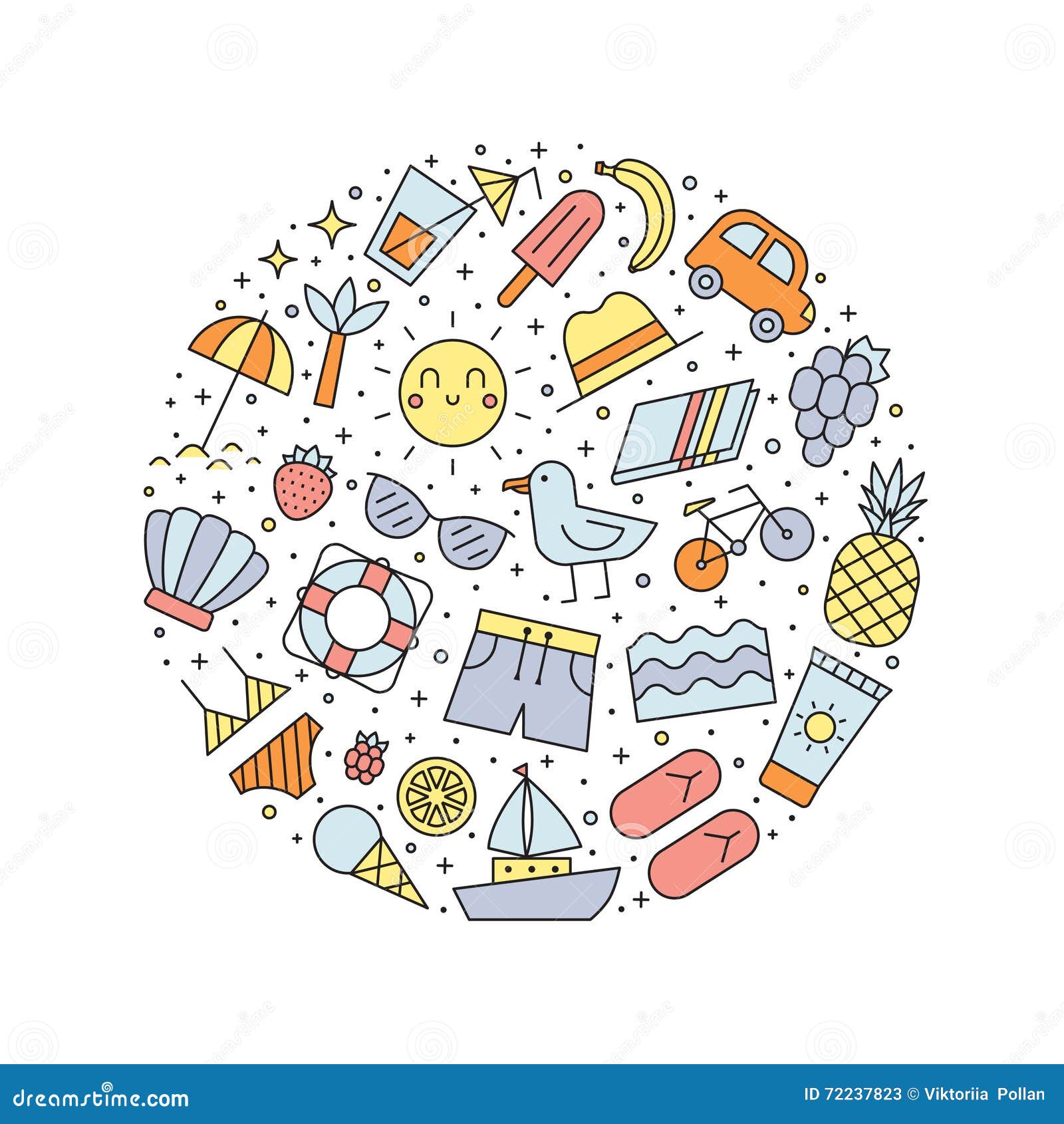 Summer Beach Multicolored Circle Illustration. Clean and Simple Outline ...