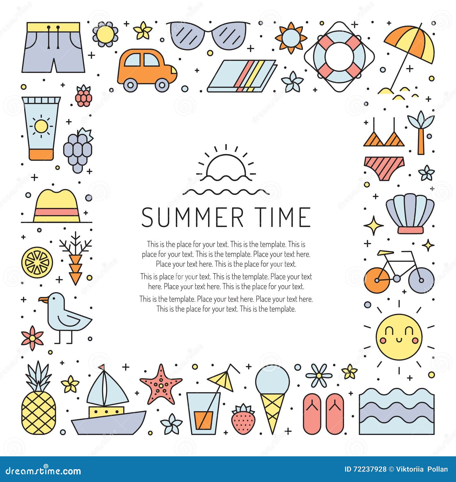 Summer Beach Multicolored Square Frame. Clean and Simple Outline Design ...