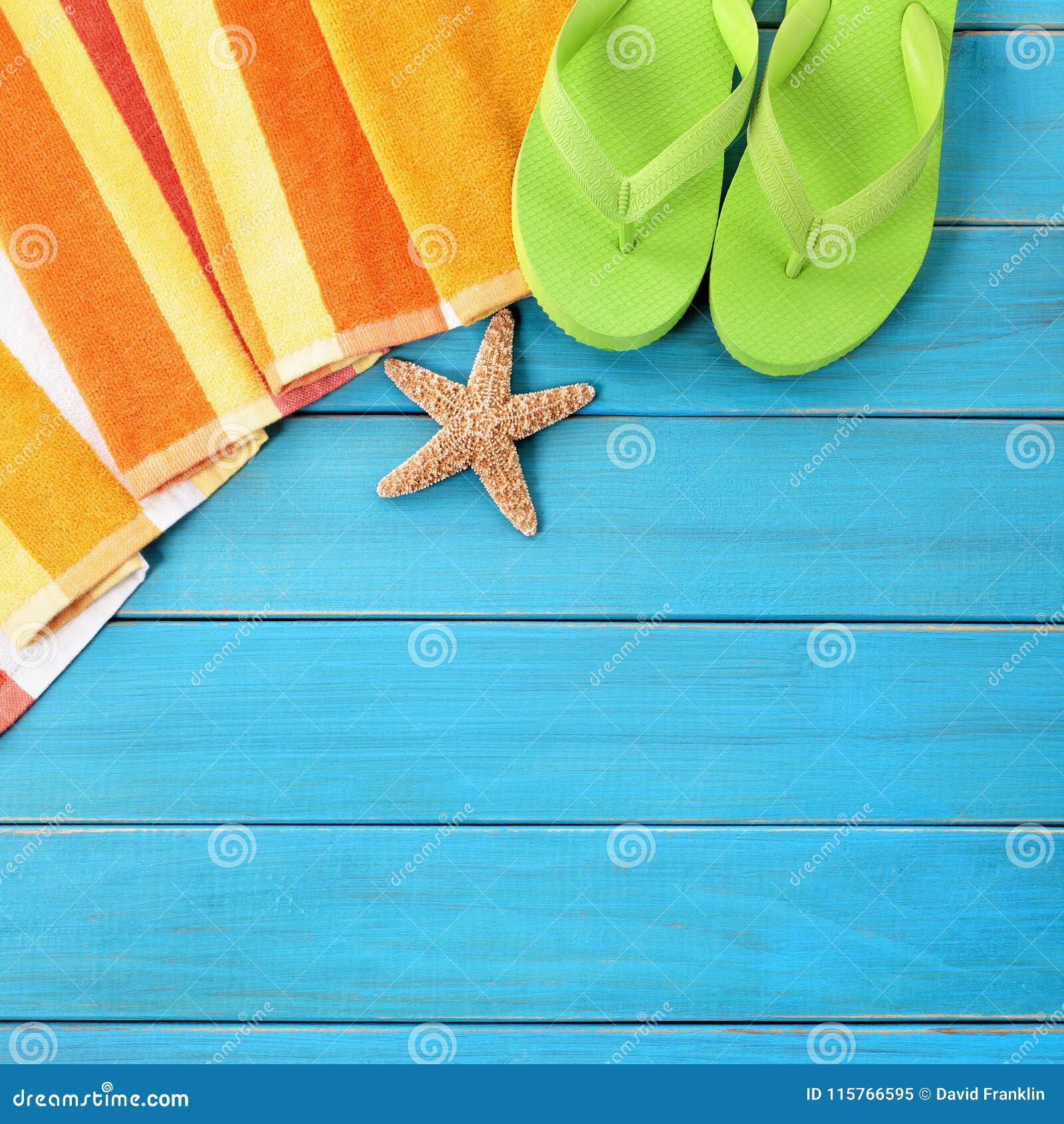 Summer Beach Objects Border, Flip Flops, Starfish Blue Wood Background ...