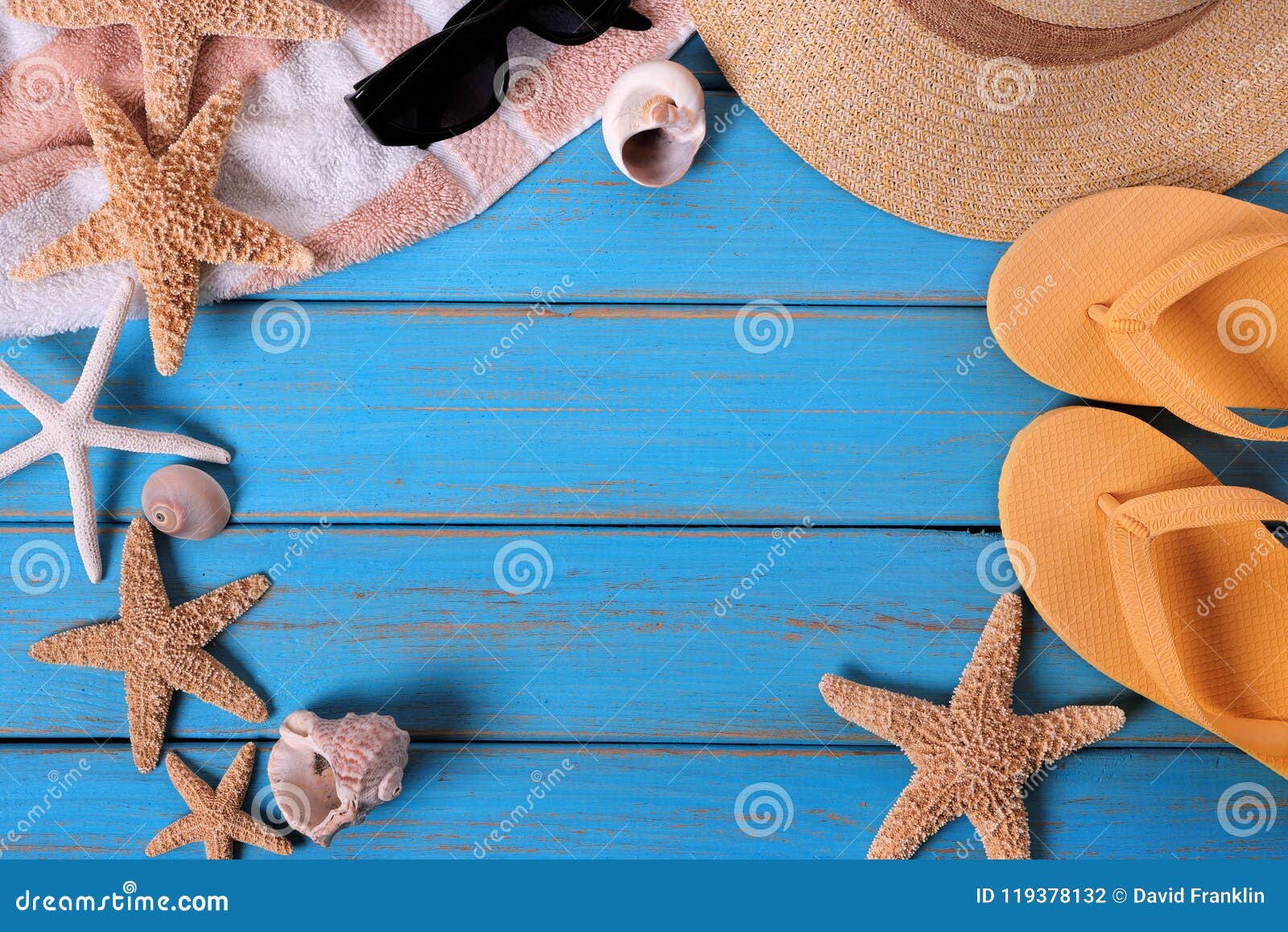 Summer Beach Objects Frame Blue Wood Background Stock Photo - Image of ...