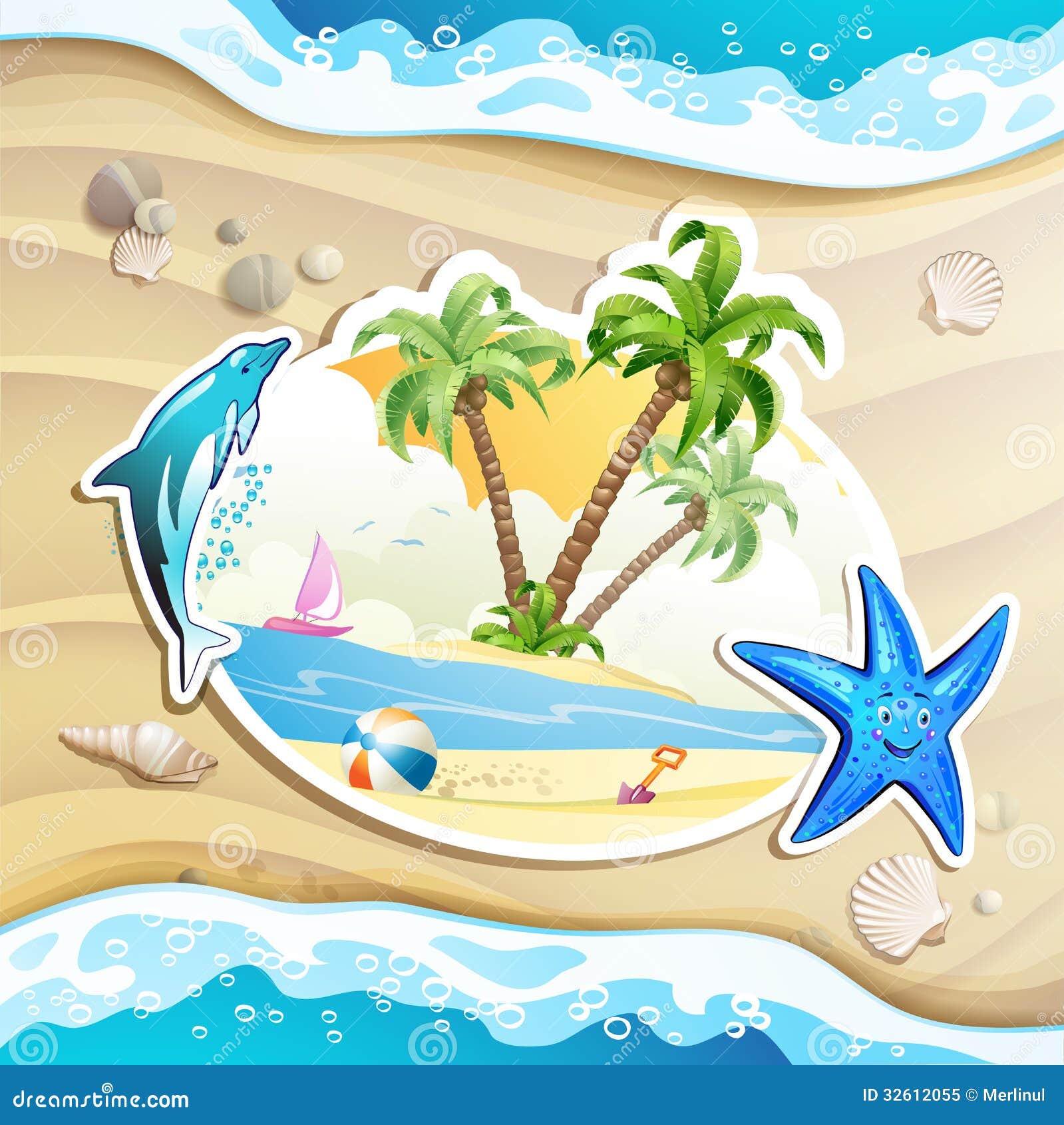 Summer Beach with Palm Trees Stock Vector - Illustration of shells ...