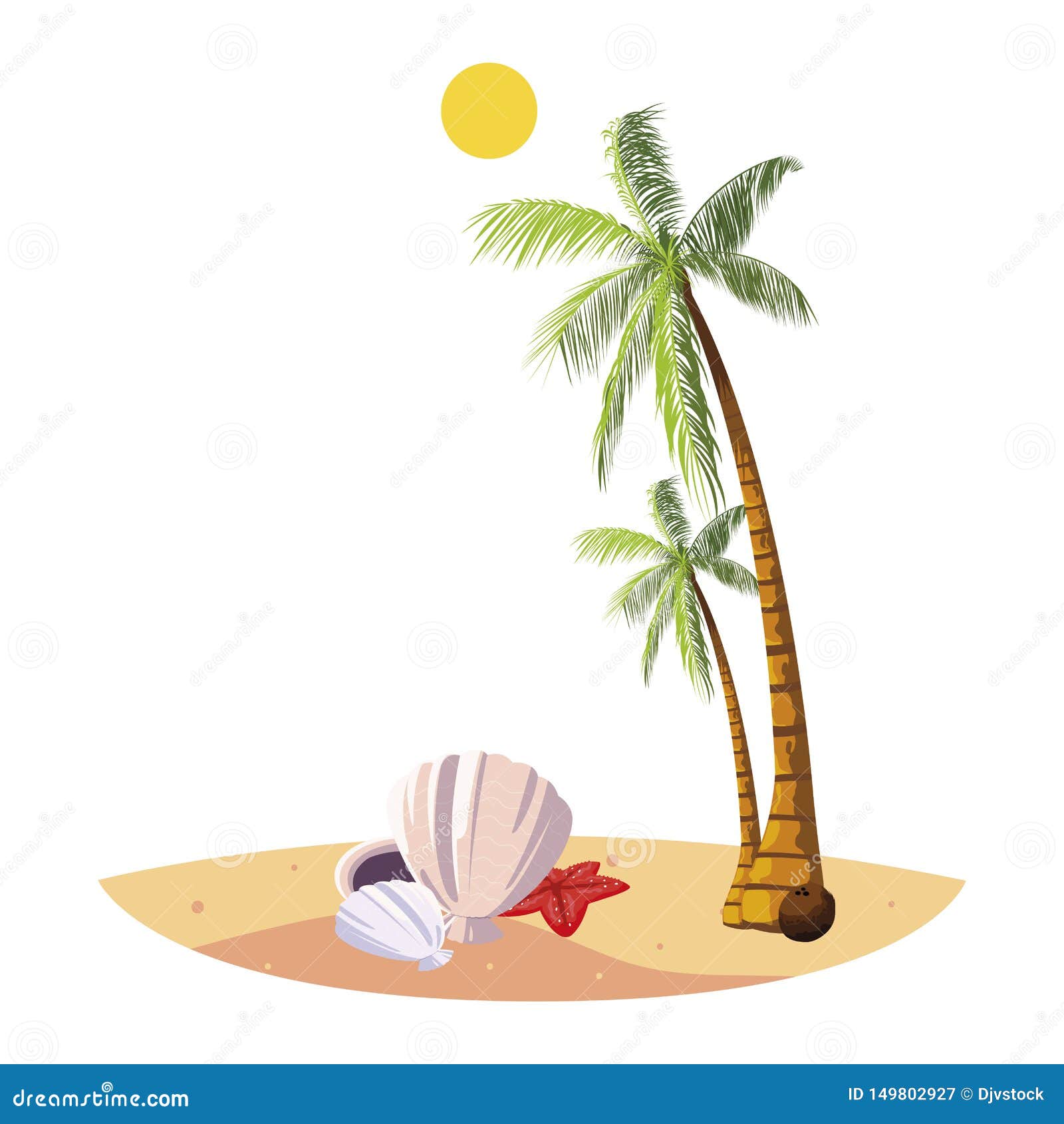 Summer Beach with Palms and Shells Scene Stock Illustration ...
