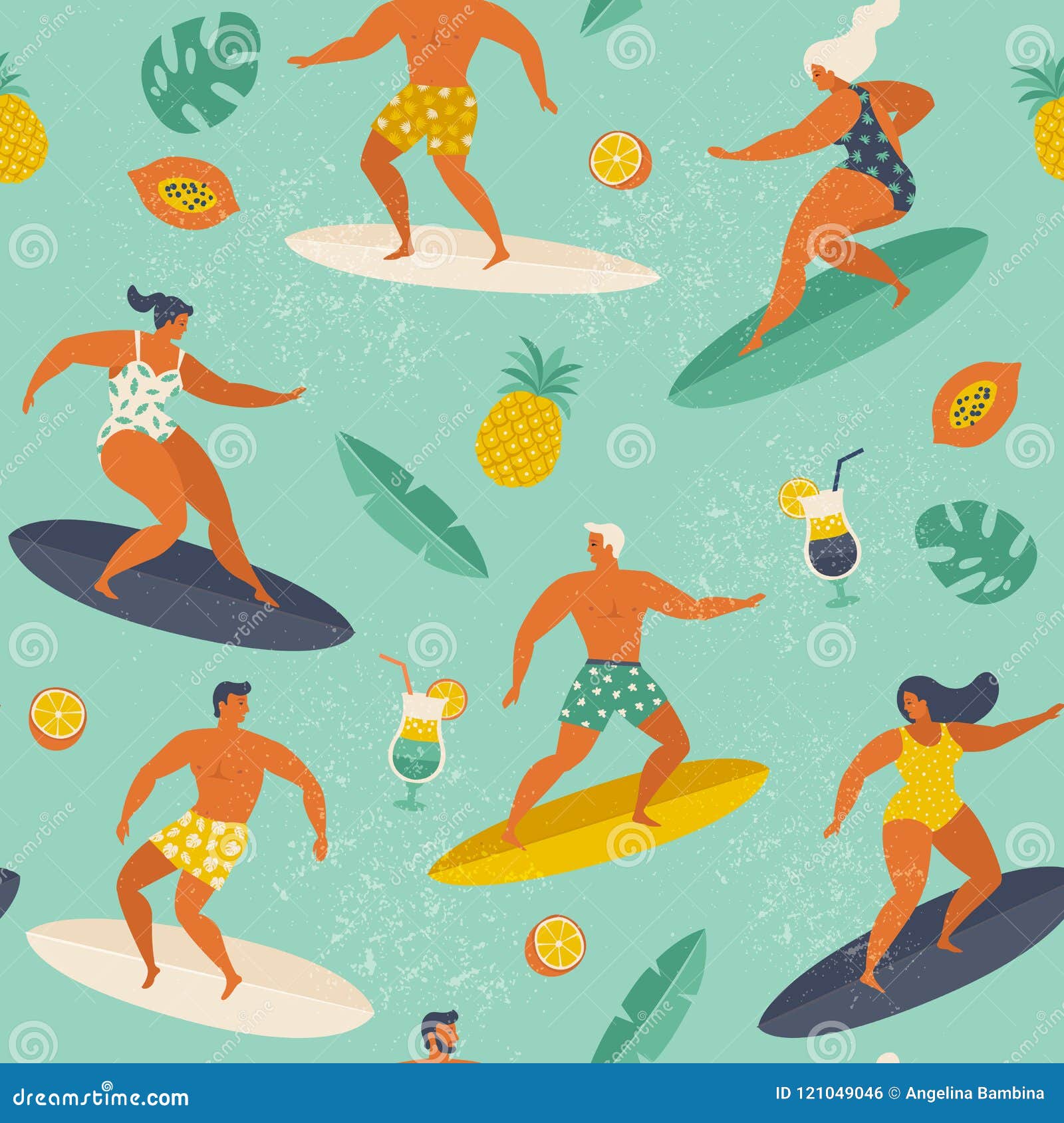 Summer Beach Seamless Pattern in Vector. Surf Illustration in Retro ...