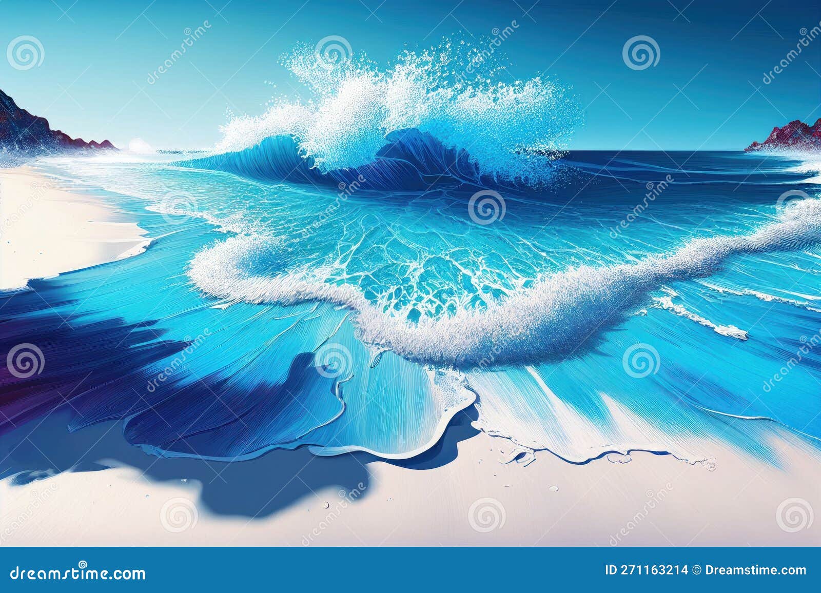 Summer Beach Seascape and Sea Wave Runs Over the Sandy Shore Created ...