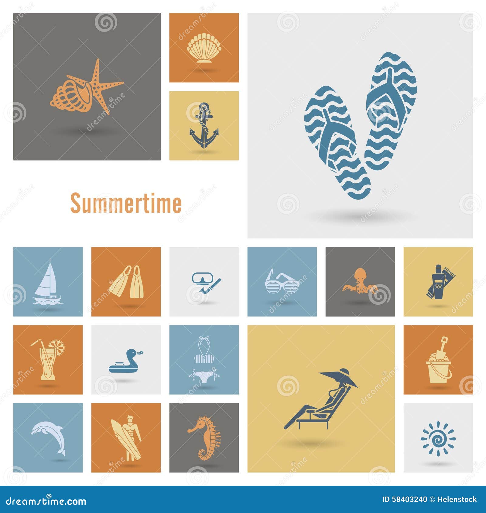 Summer and Beach Simple Flat Icons Stock Vector - Illustration of shell ...