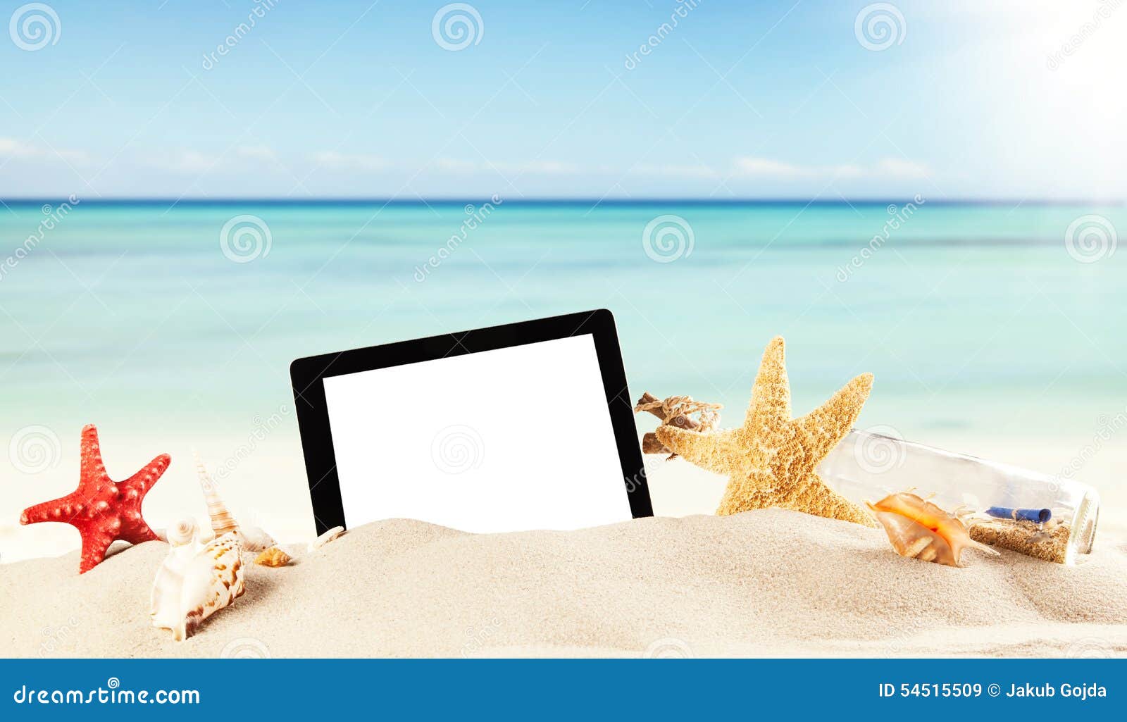 Summer Beach with Tablet in Sand Stock Image - Image of digital, blue ...