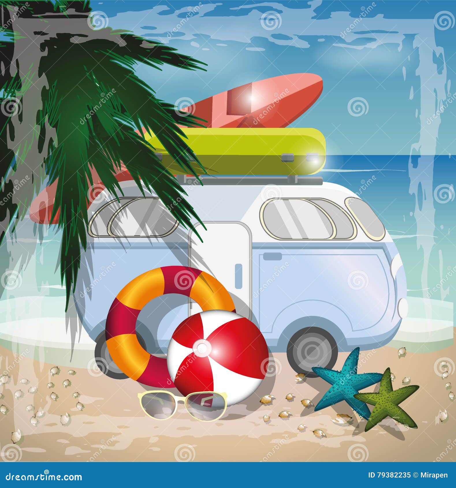 Summer Beach Vector Concept with Retro Bus on the Beach Stock Vector ...