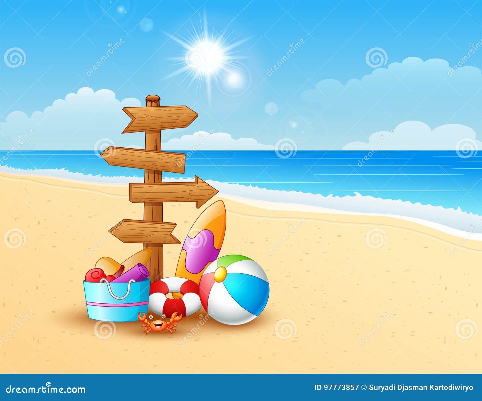 Summer Beach with Wooden Arrow Stock Vector - Illustration of seaside ...