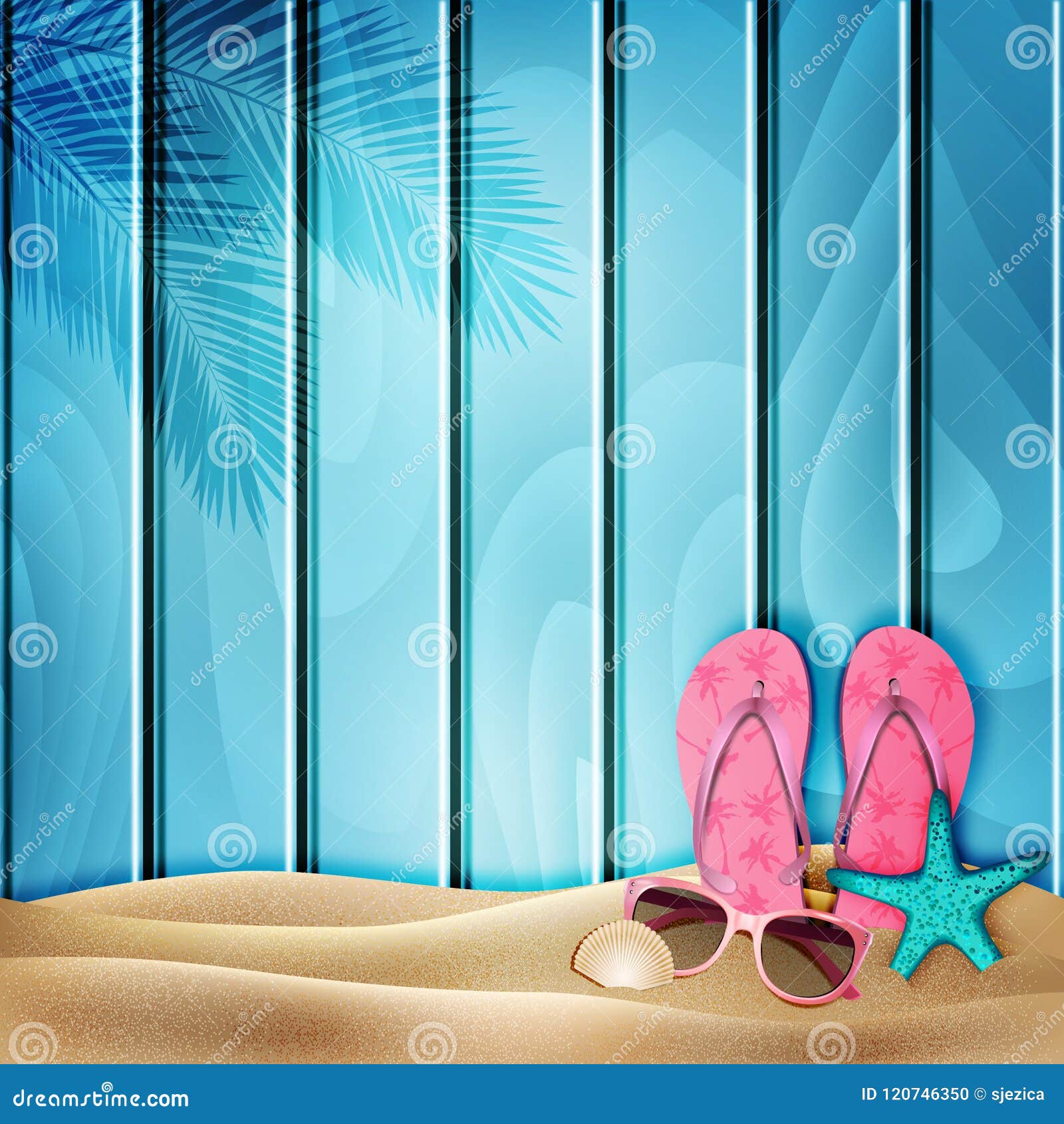 Summer Blue Background with Beach Elements in Sand. Vector Stock Vector ...