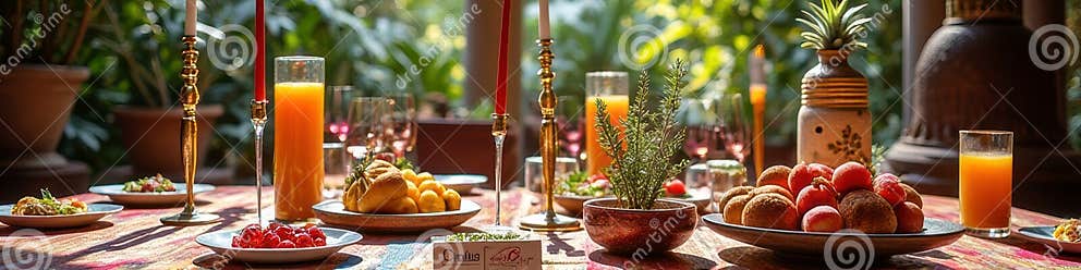 Summer Brunch Table with Fresh Fruits and Drinks in Sunlit Garden ...